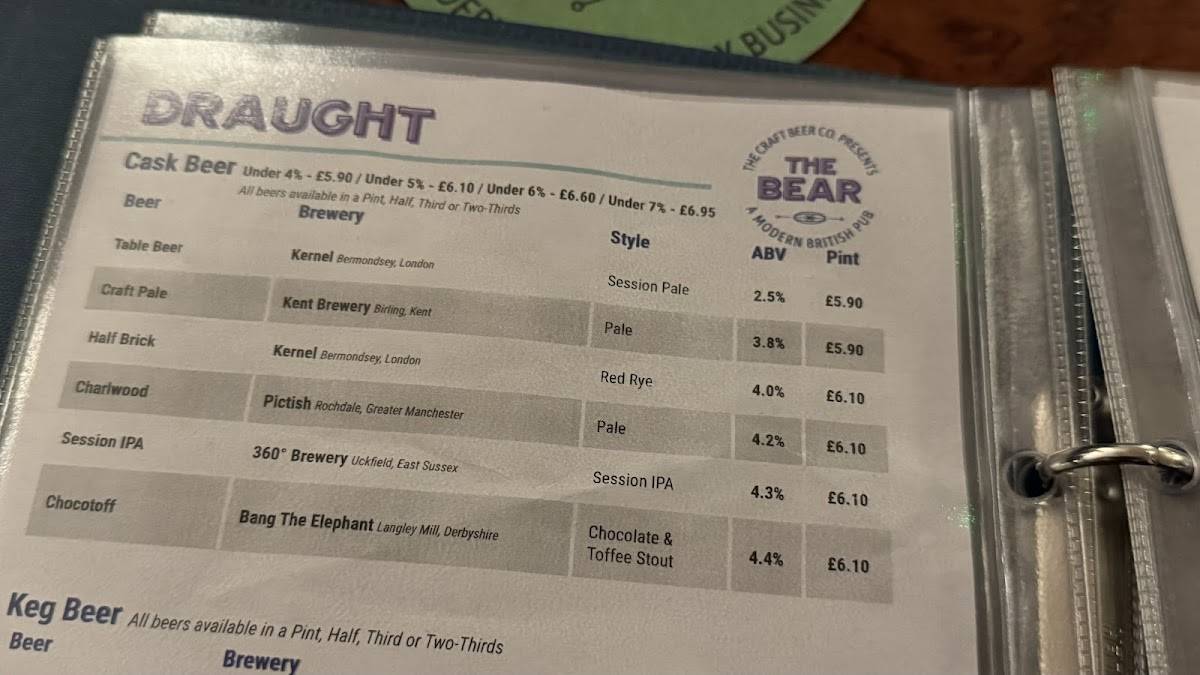 Menu at The Bear Pub, London