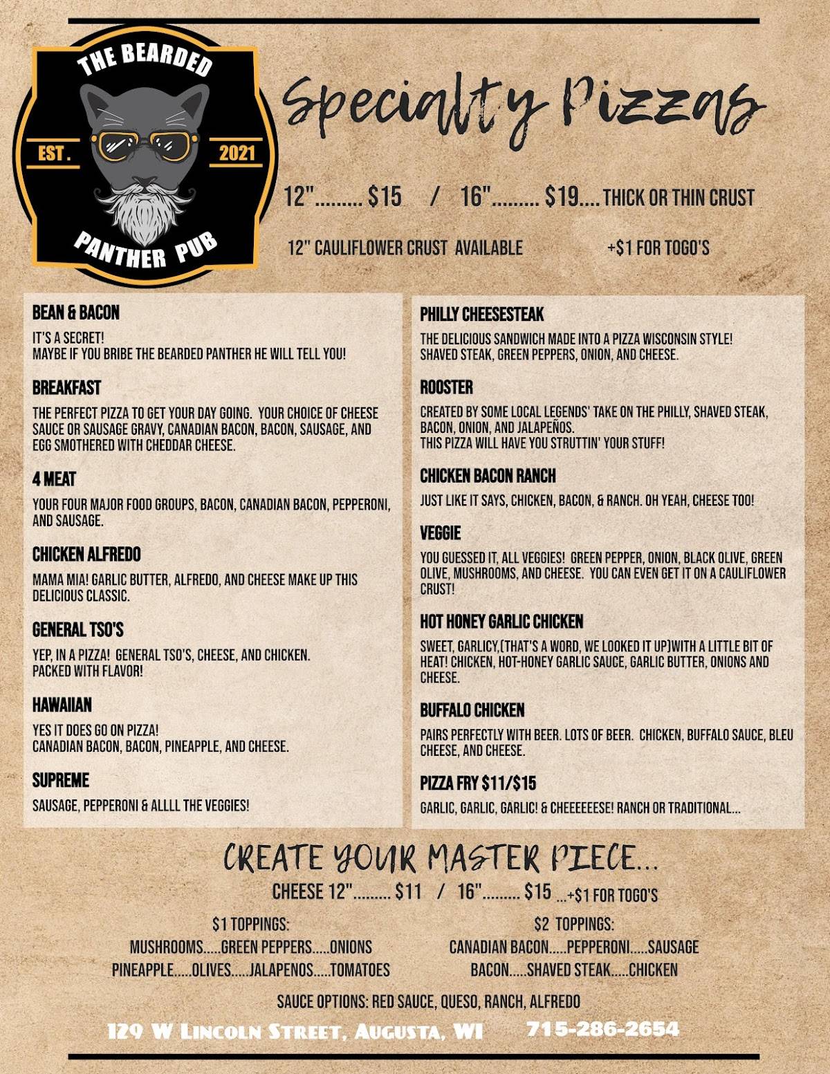 Menu at The Bearded Panther Pub, Augusta