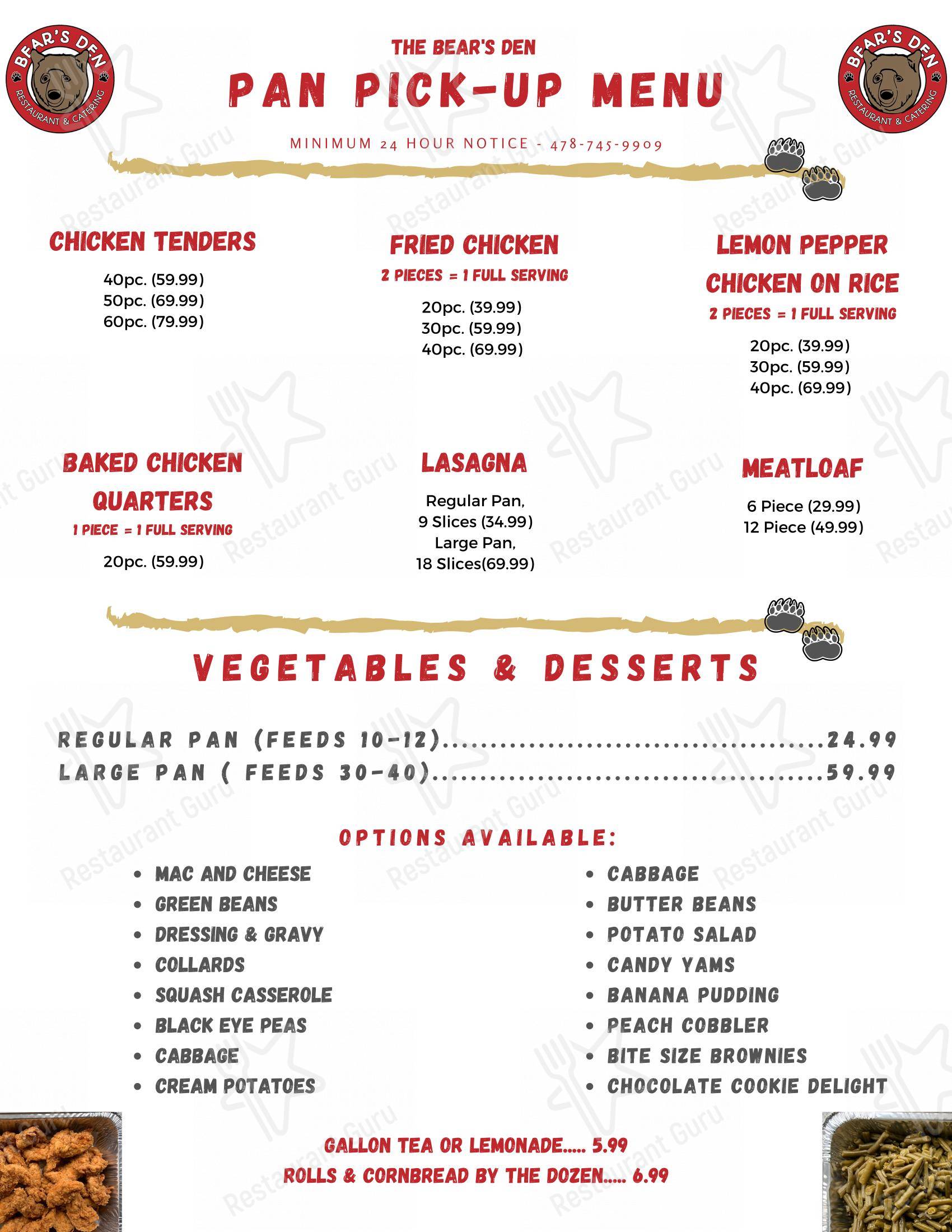 Menu at The Bears Den restaurant, Macon, Oglethorpe St
