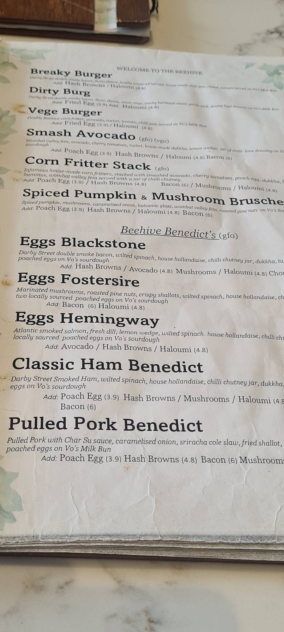Menu at The Beehive Honeysuckle cafe, Newcastle