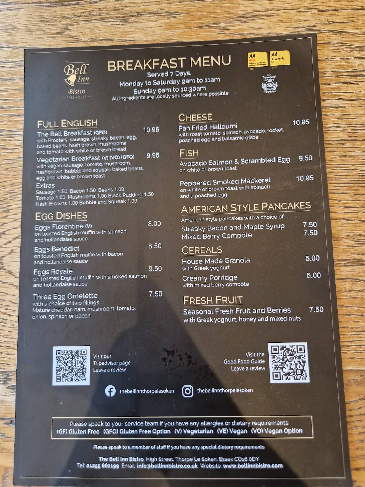 Menu at The Bell Inn Bistro, Thorpe-le-Soken pub & bar, Clacton-on-Sea