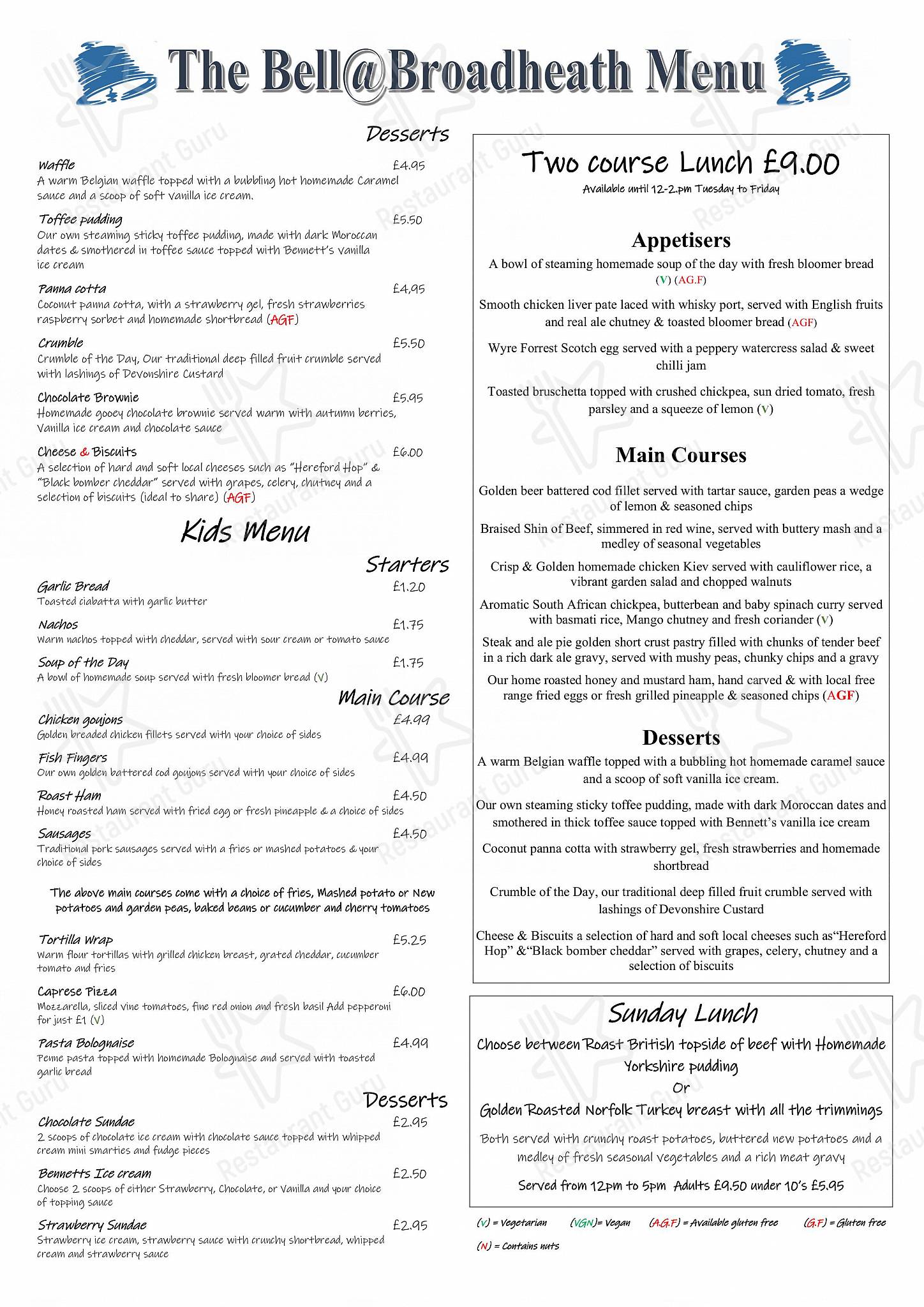 Menu at The Bell Inn Broadheath pub & bar, Worcester