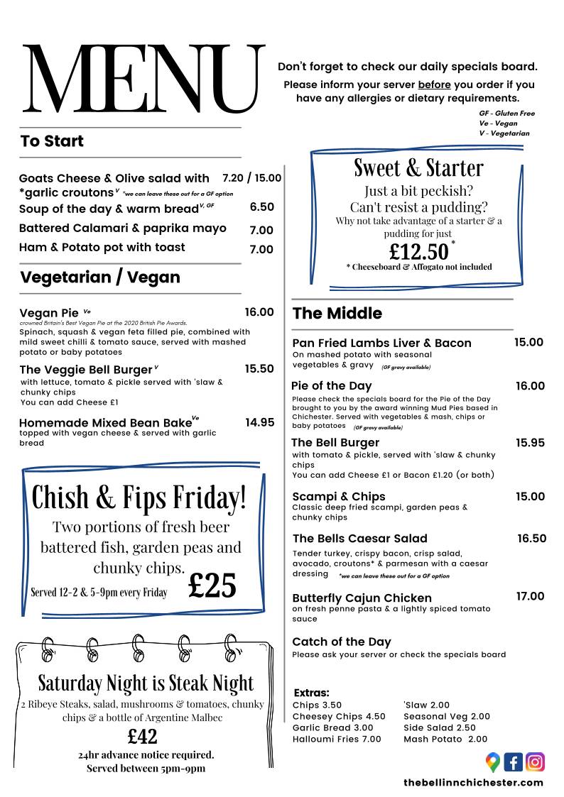 Menu at The Bell Inn pub & bar, Chichester
