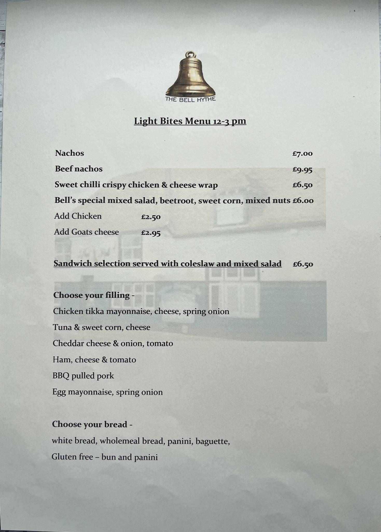 Menu at The Bell Inn pub & bar, Hythe, 1 Seabrook Rd