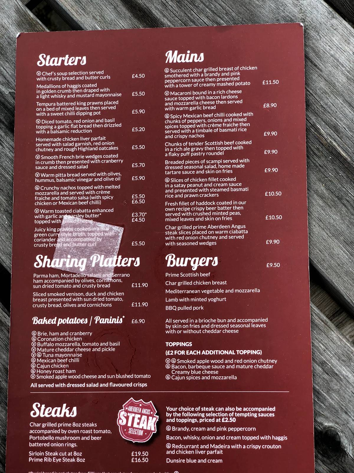Menu at The Birds & Bees pub & bar, Stirling
