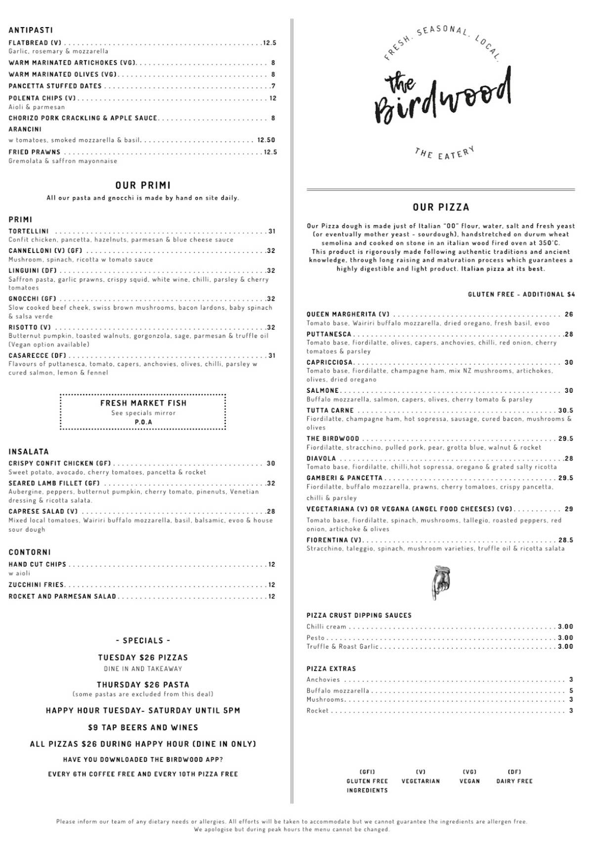 Menu at The Birdwood restaurant, Christchurch