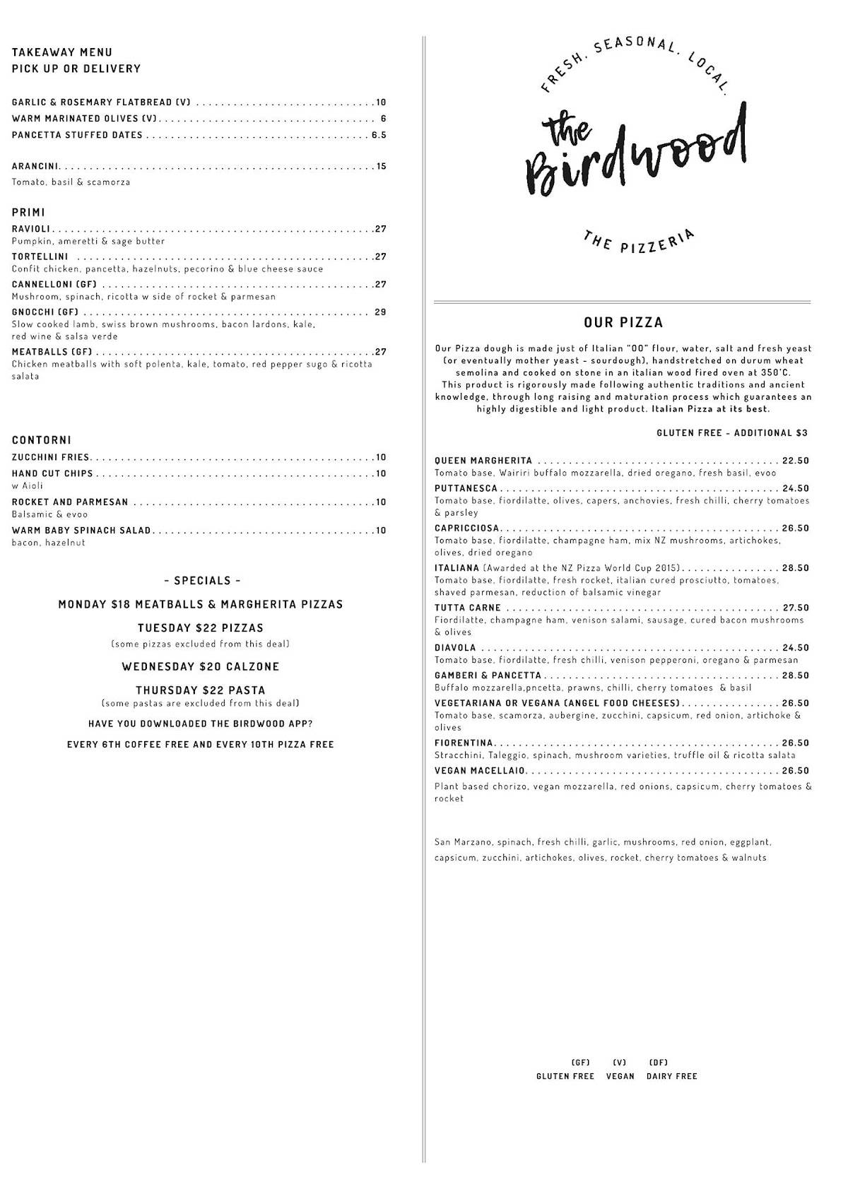 Menu at The Birdwood restaurant, Christchurch