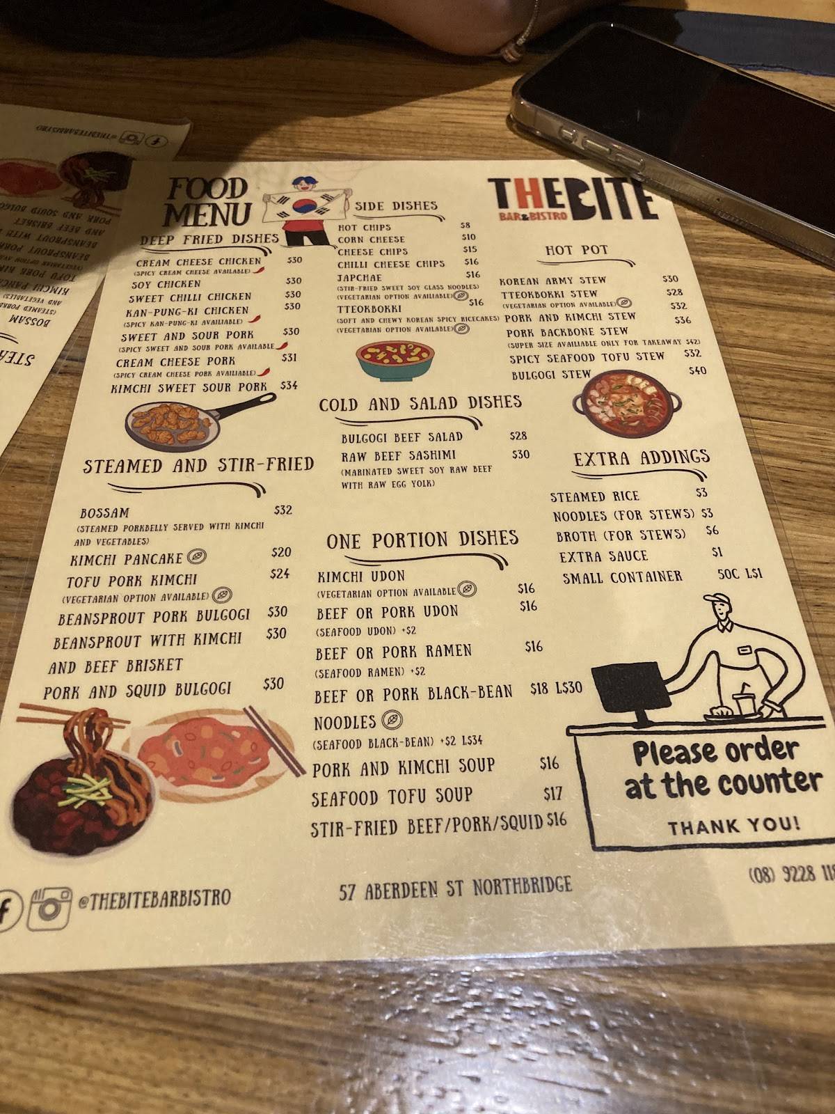 Menu at The Bite restaurant, Northbridge, 57 Aberdeen St