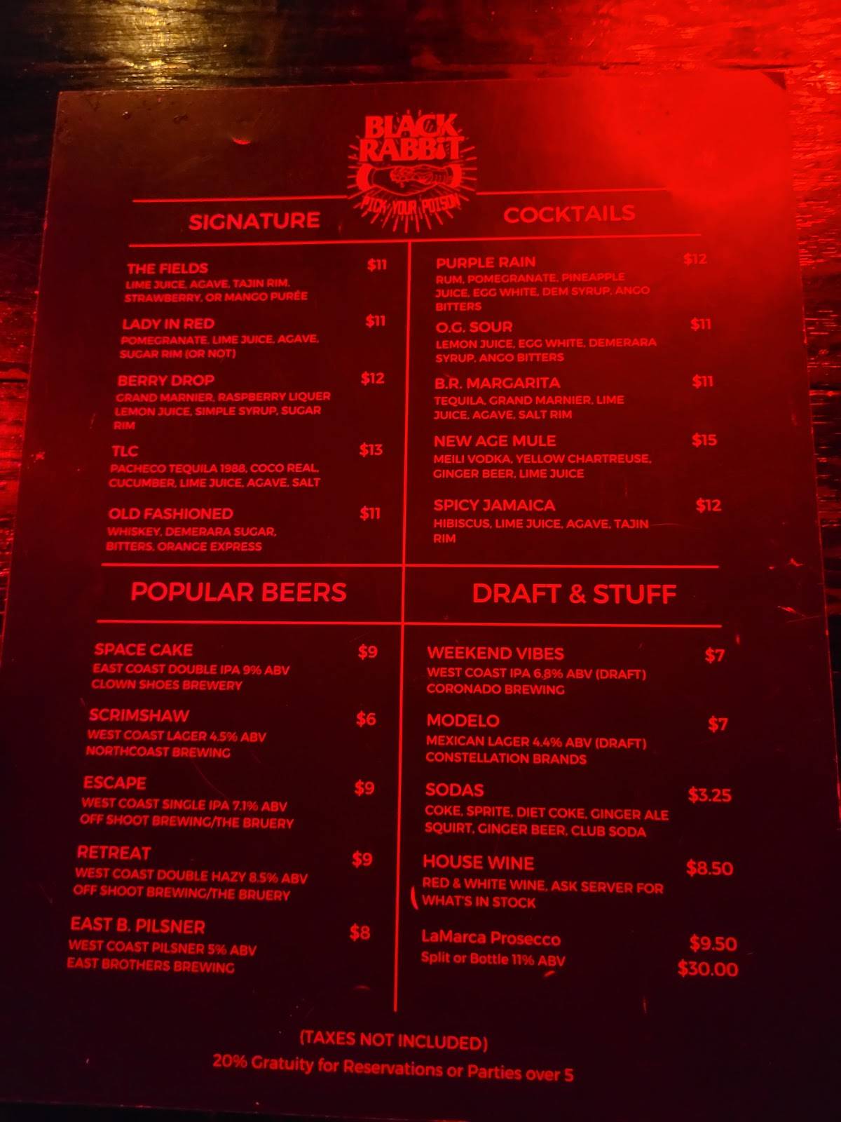 Carta del pub y bar The Black Rabbit, Stockton