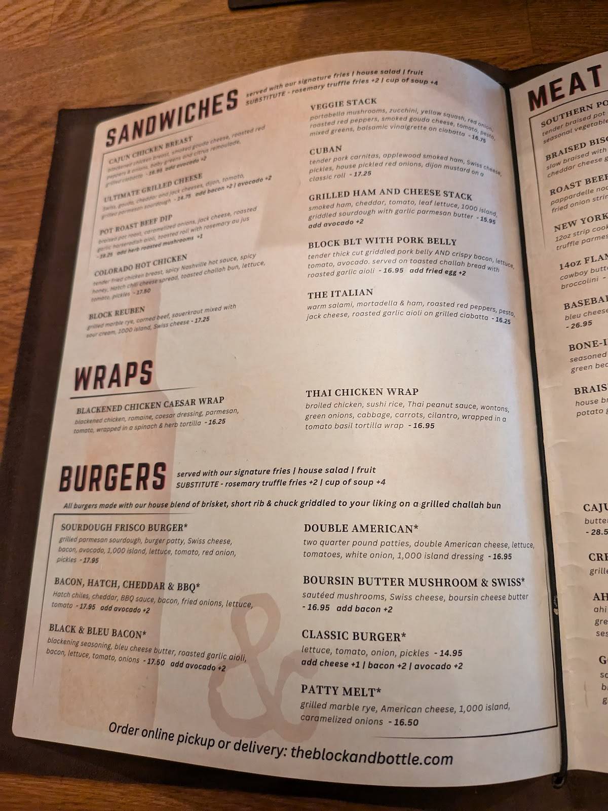 Menu at The Block & Bottle restaurant, Castle Rock