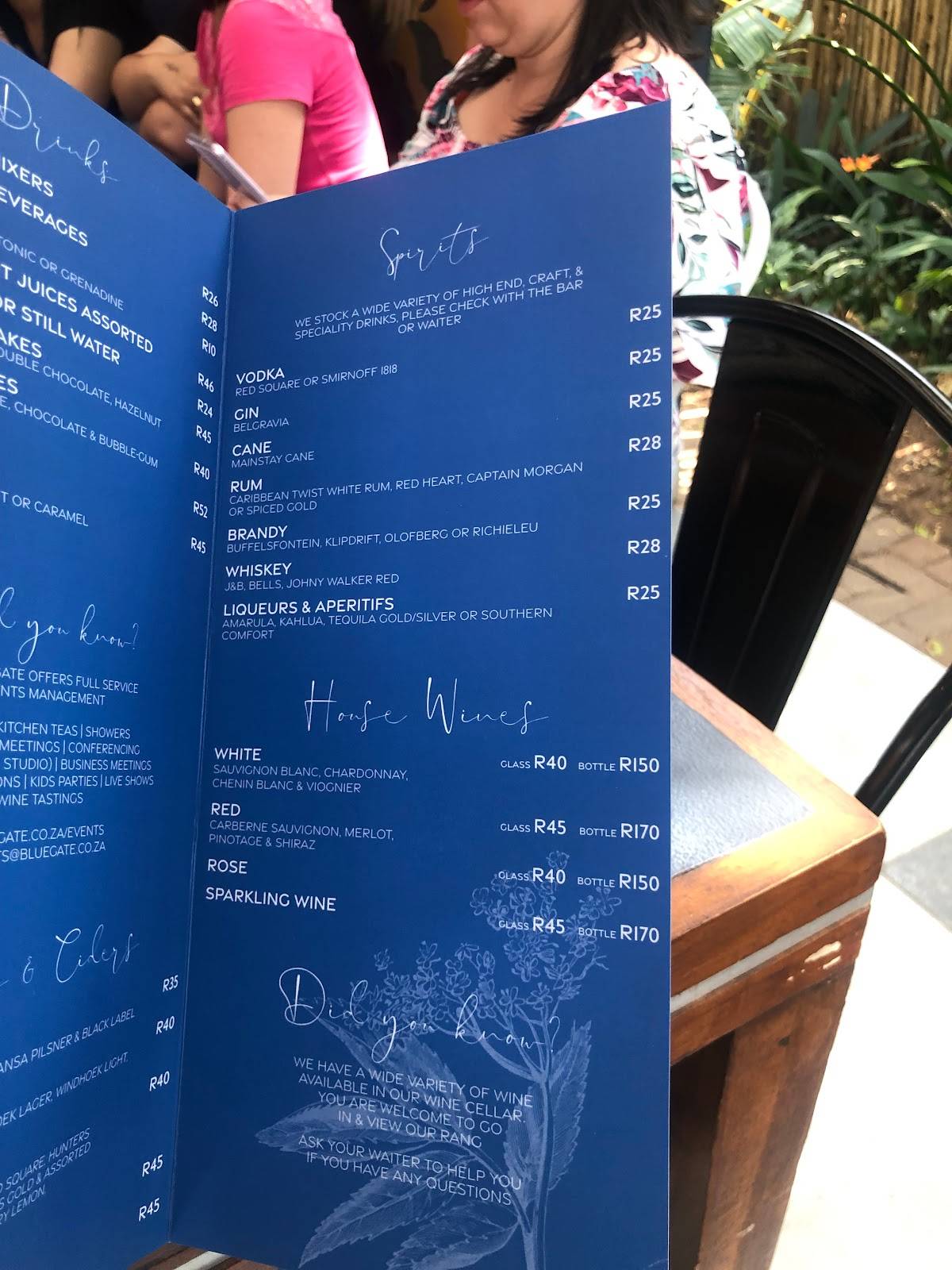 Menu at The Blue Gate restaurant, Nelspruit