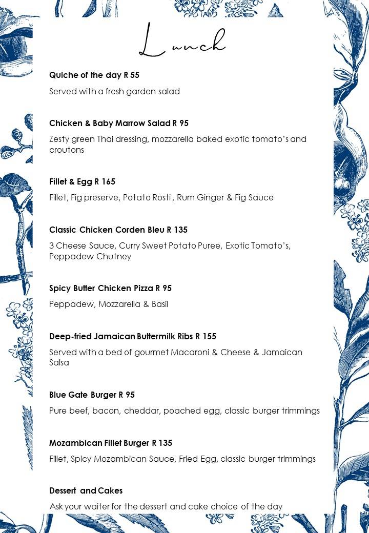 Menu at The Blue Gate restaurant, Nelspruit