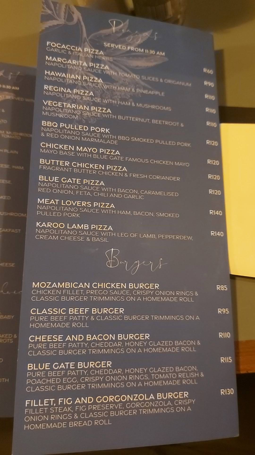 Menu at The Blue Gate restaurant, Nelspruit