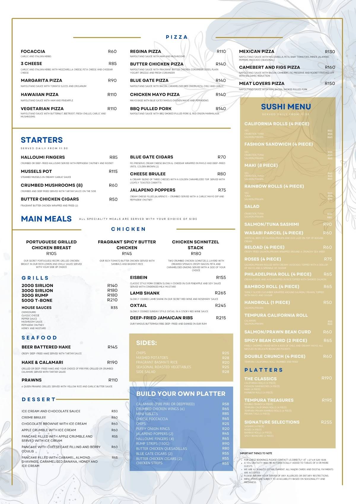 Menu at The Blue Gate restaurant, Nelspruit