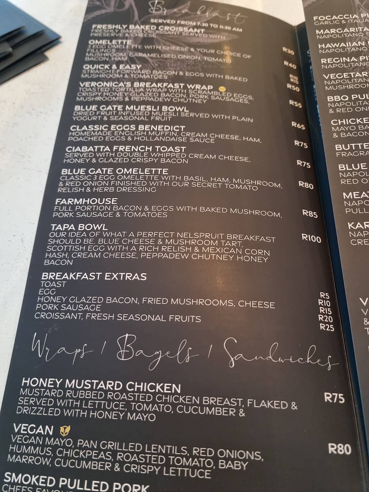 Menu at The Blue Gate restaurant, Nelspruit