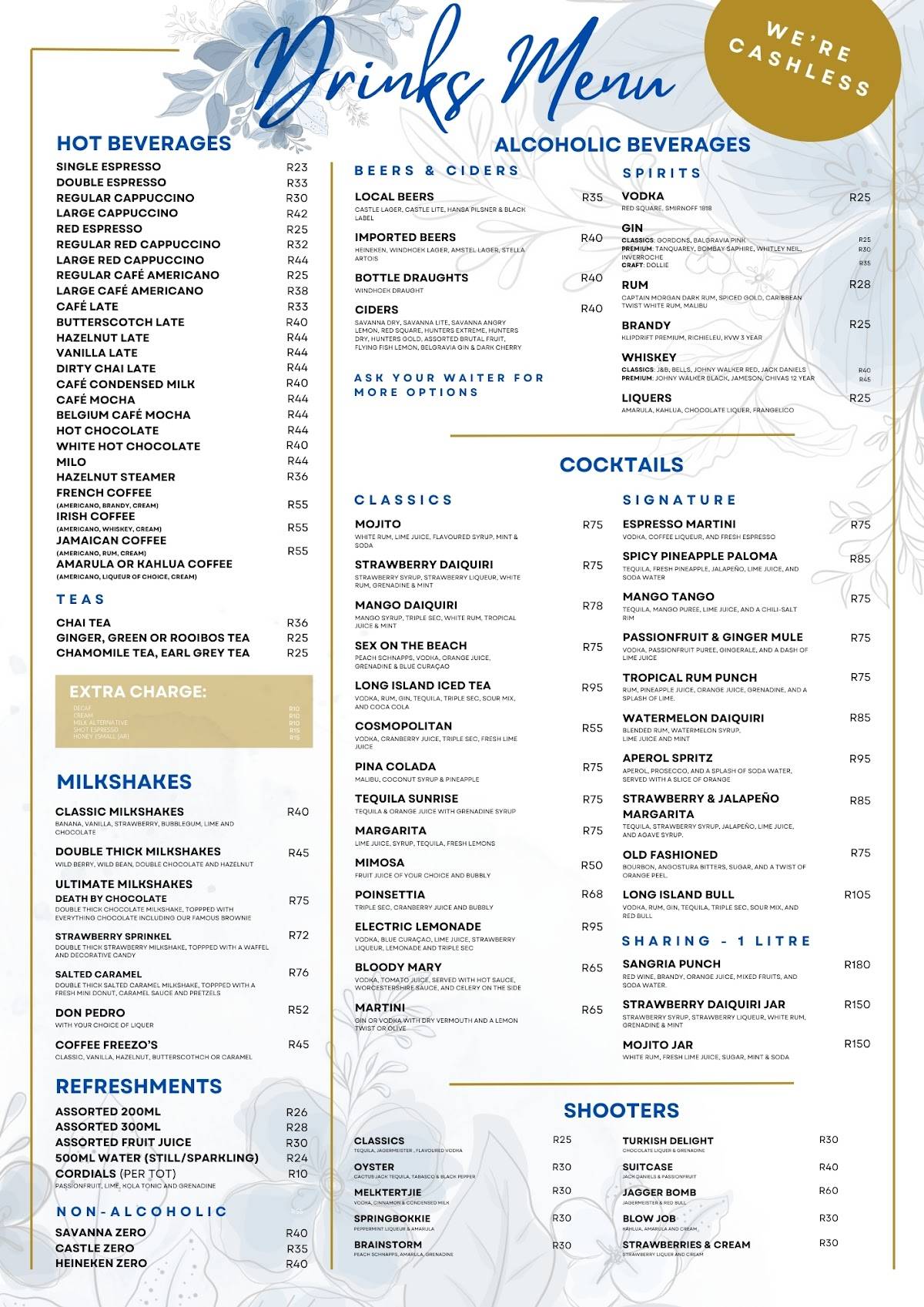 Menu at The Blue Gate restaurant, Nelspruit