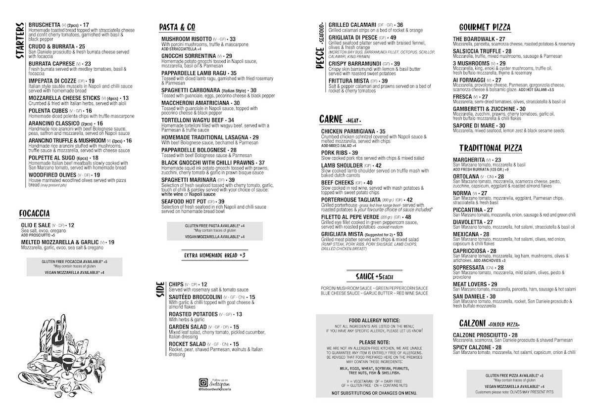 Menu at The Boardwalk Pizzeria, Caroline Springs