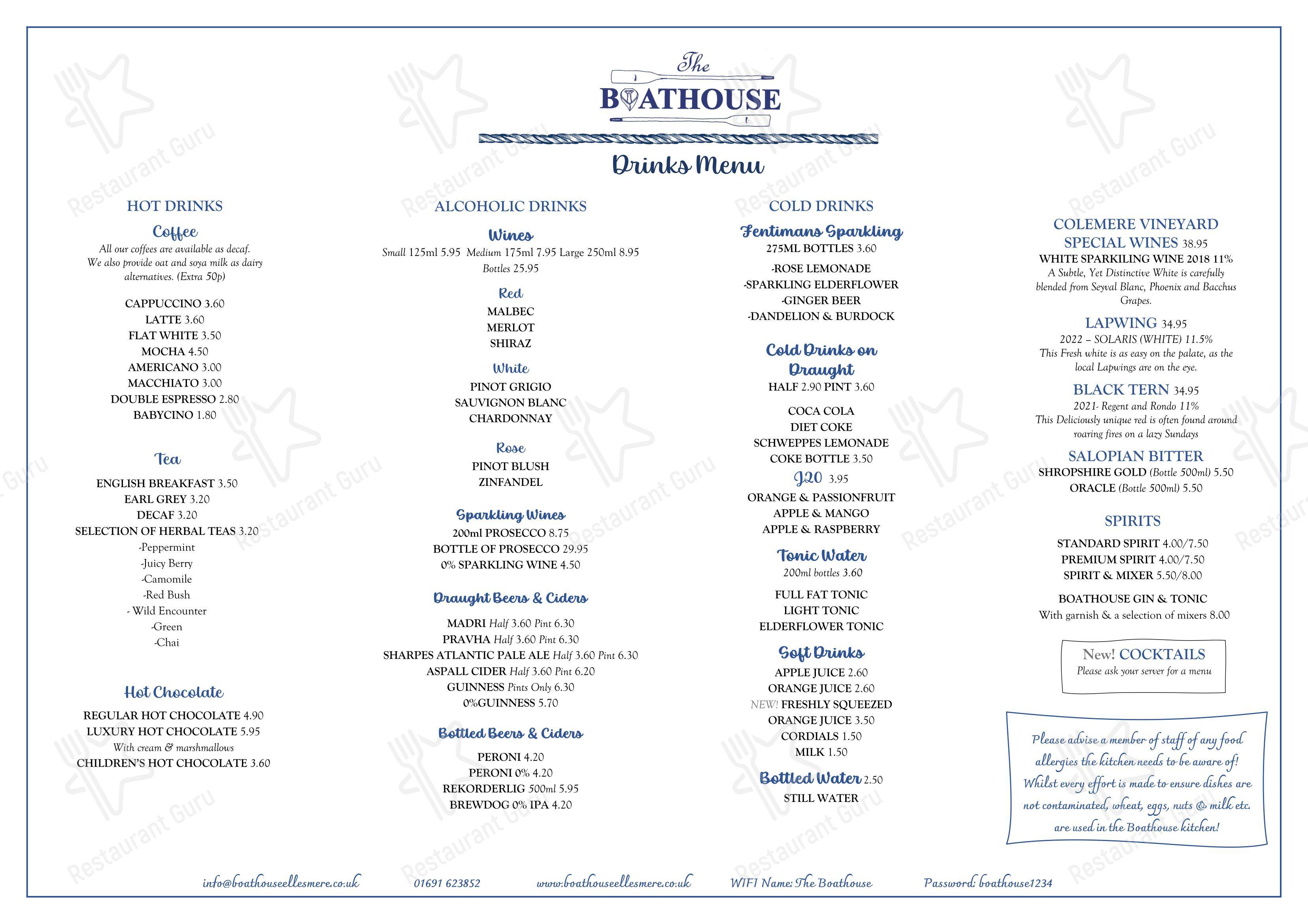 Menu at The Boat House cafe, Ellesmere
