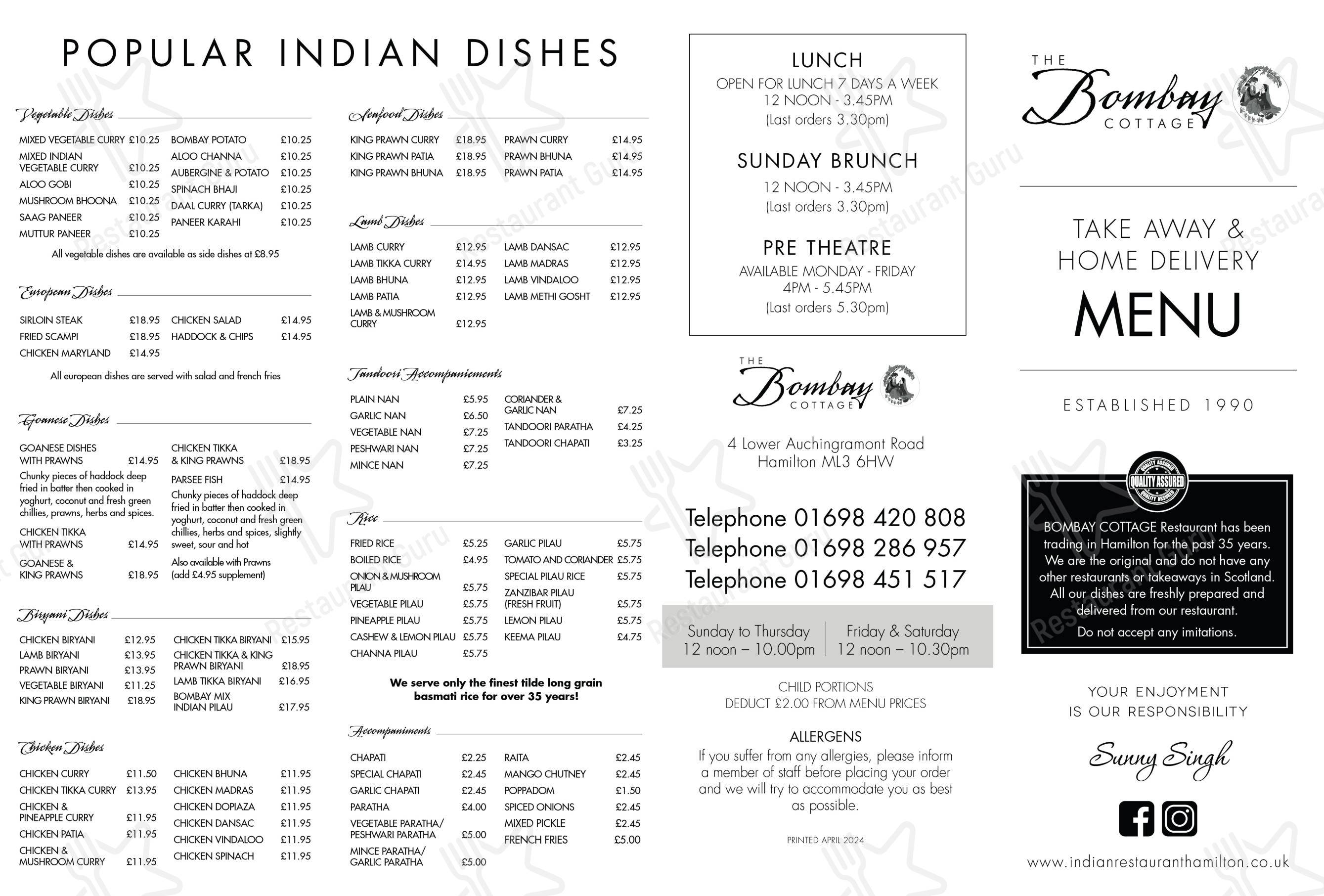 Menu at The Bombay Cottage restaurant, Hamilton, 4 Lower Auchingramont Rd
