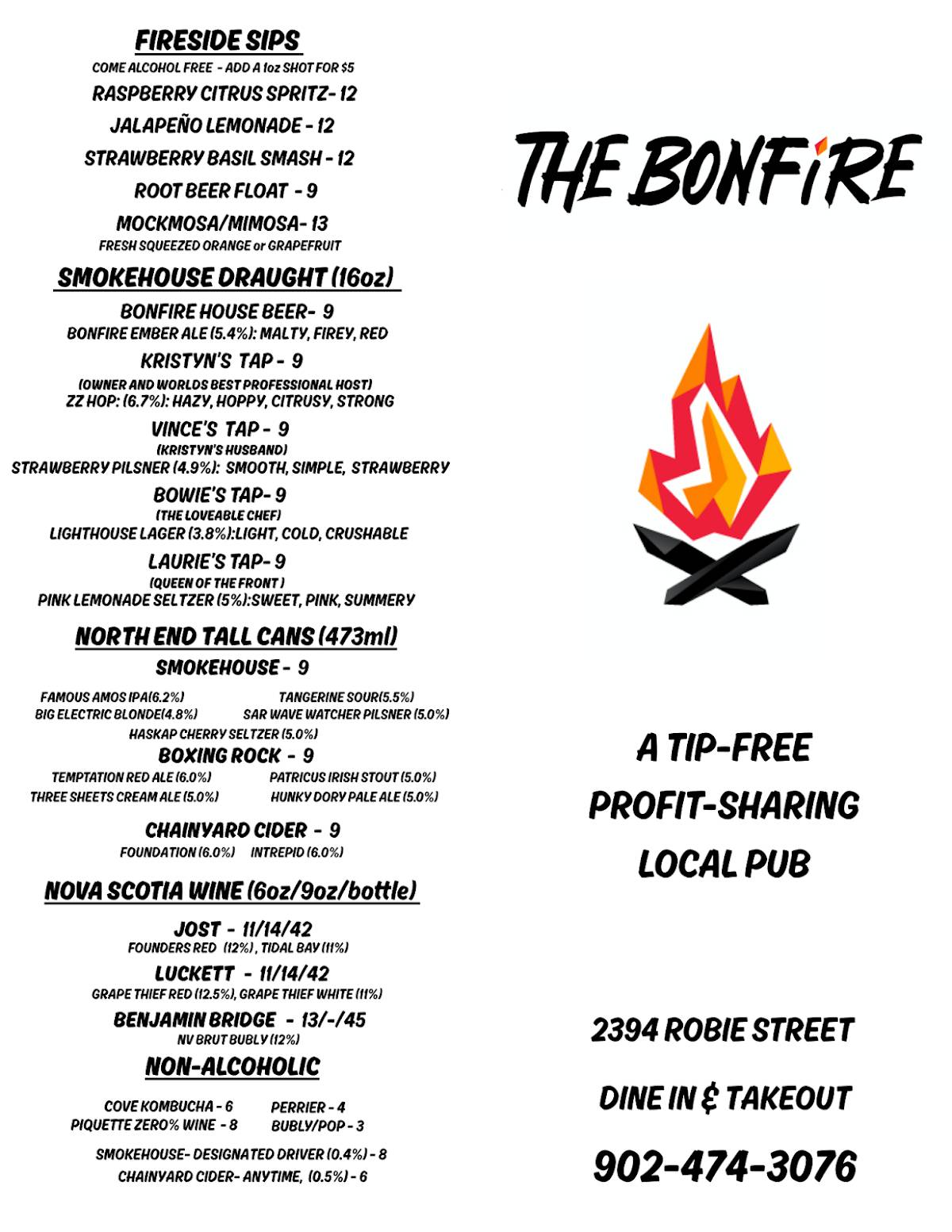 Menu at The Bonfire restaurant, Halifax