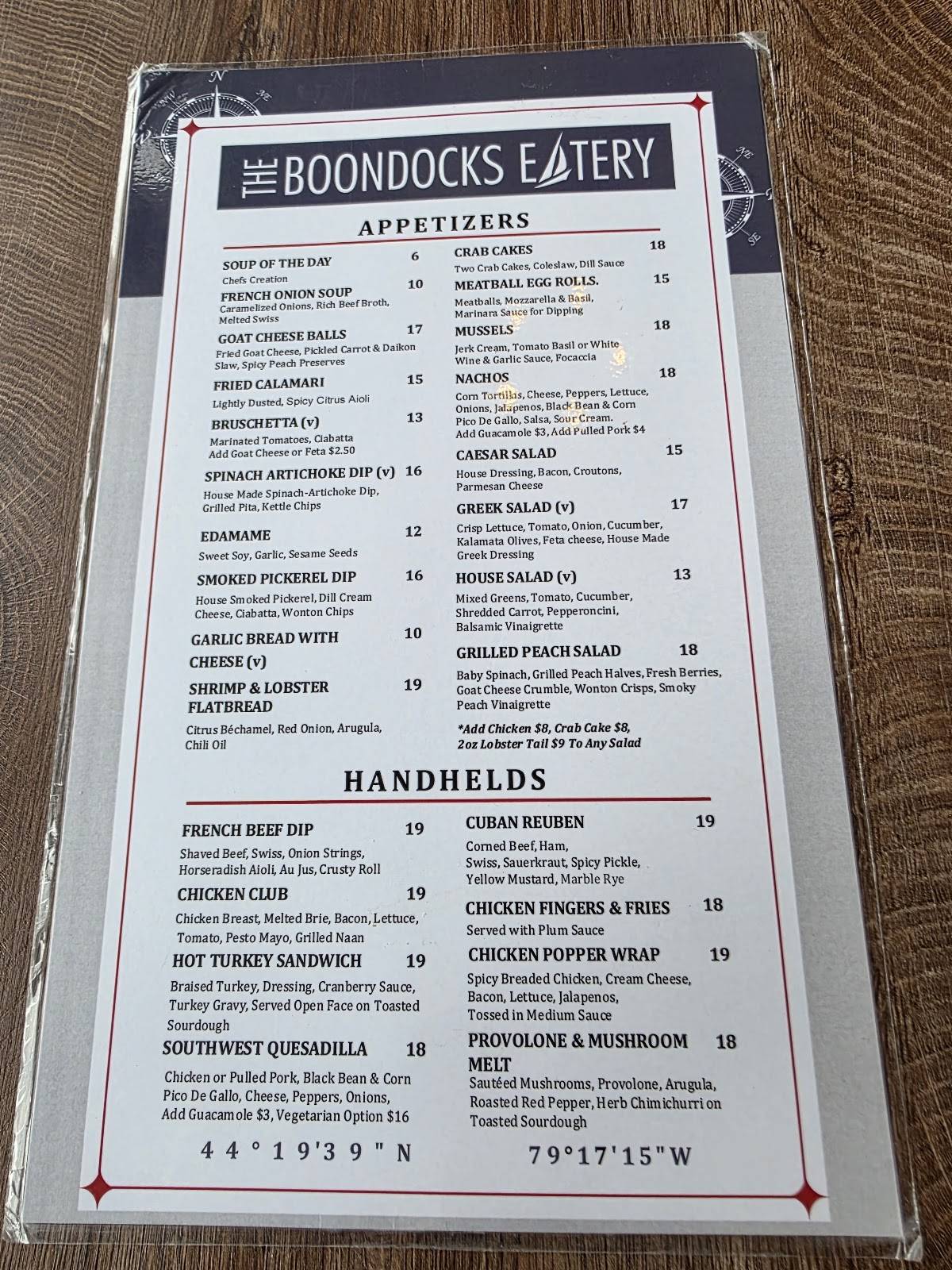 Menu at The Boondocks Eatery restaurant, Georgina