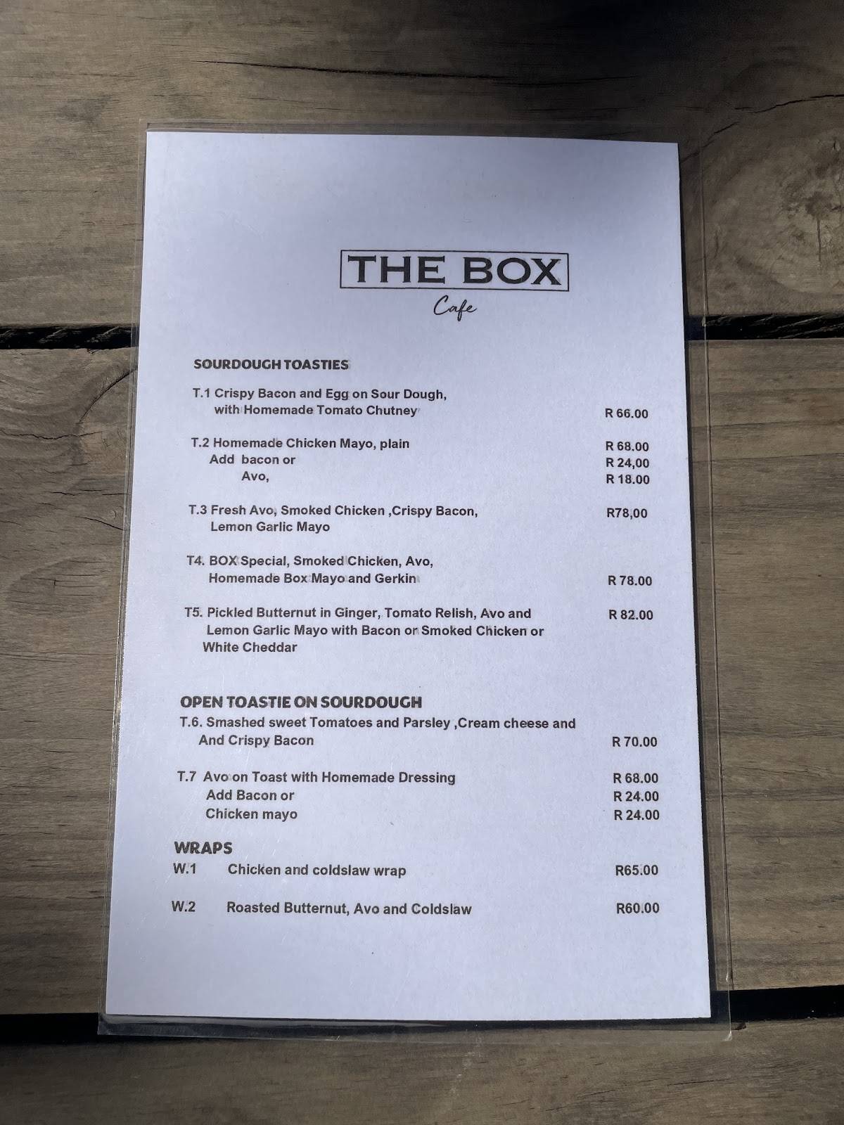 Menu at The Box cafe, Durban North