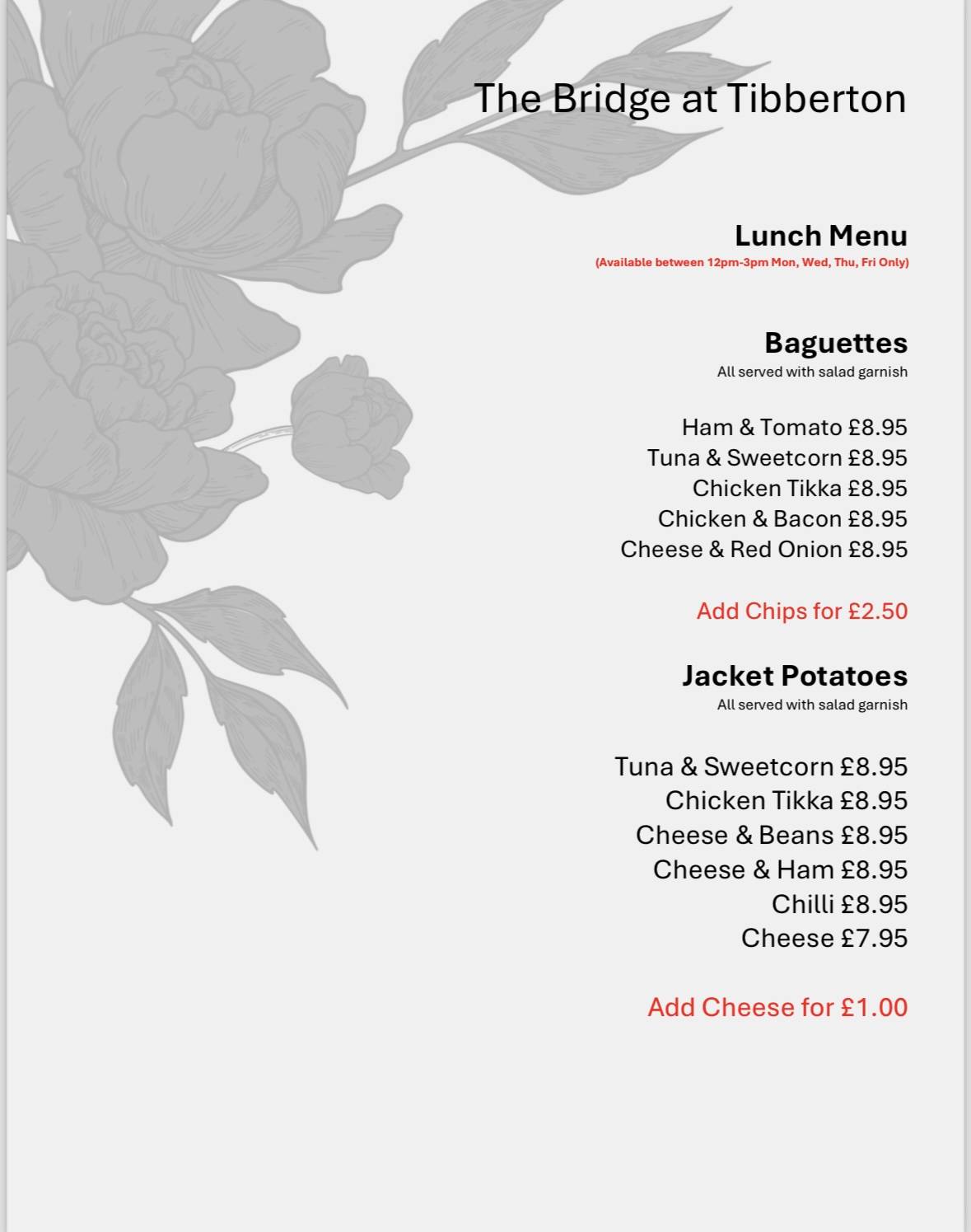 Menu at The Bridge at Tibberton pub & bar, Droitwich Spa, Plough Rd