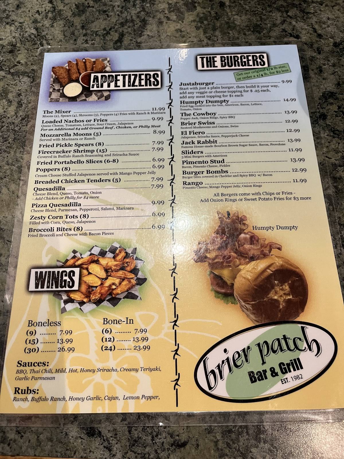 Menu at The Brier Patch Bar, Lewisburg