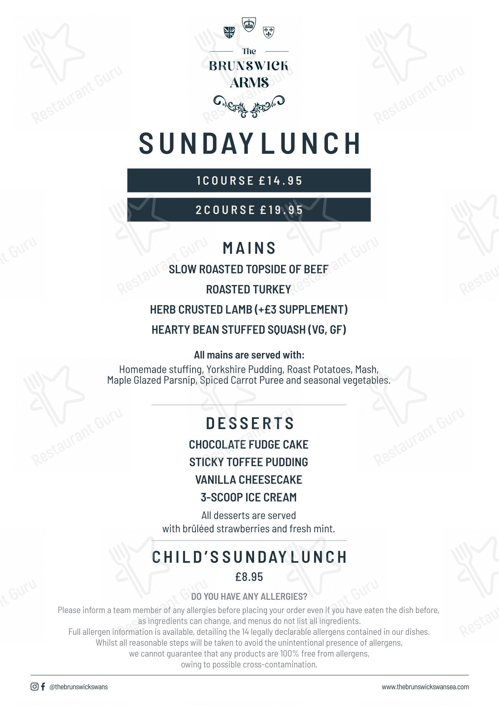 Menu at The Brunswick Arms pub & bar, Swansea