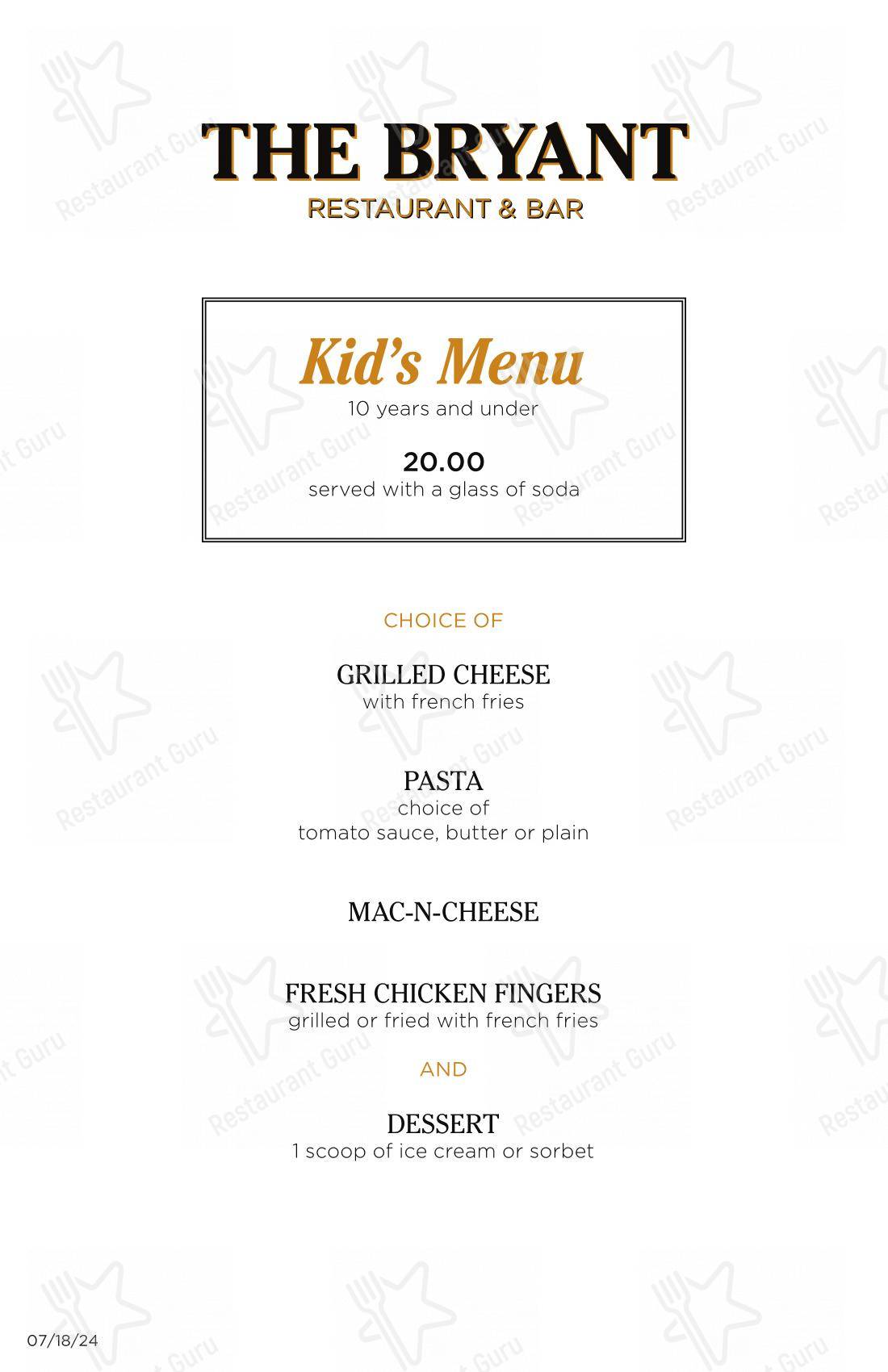 Menu at The Bryant restaurant, Huntington Station