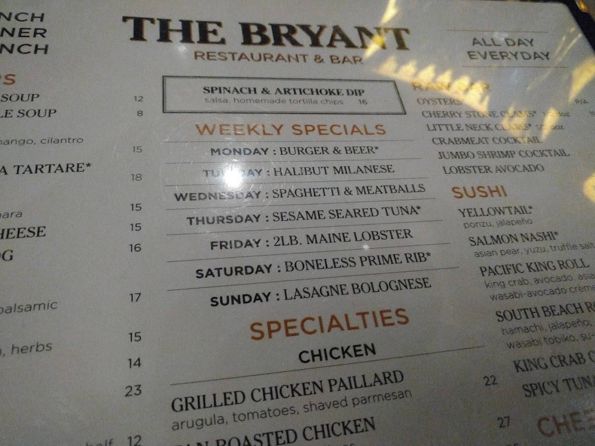 Menu at The Bryant restaurant, Huntington Station