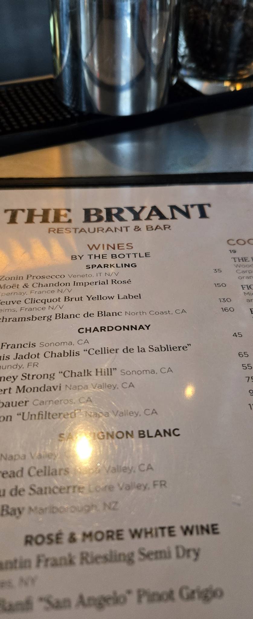 Menu at The Bryant restaurant, Huntington Station