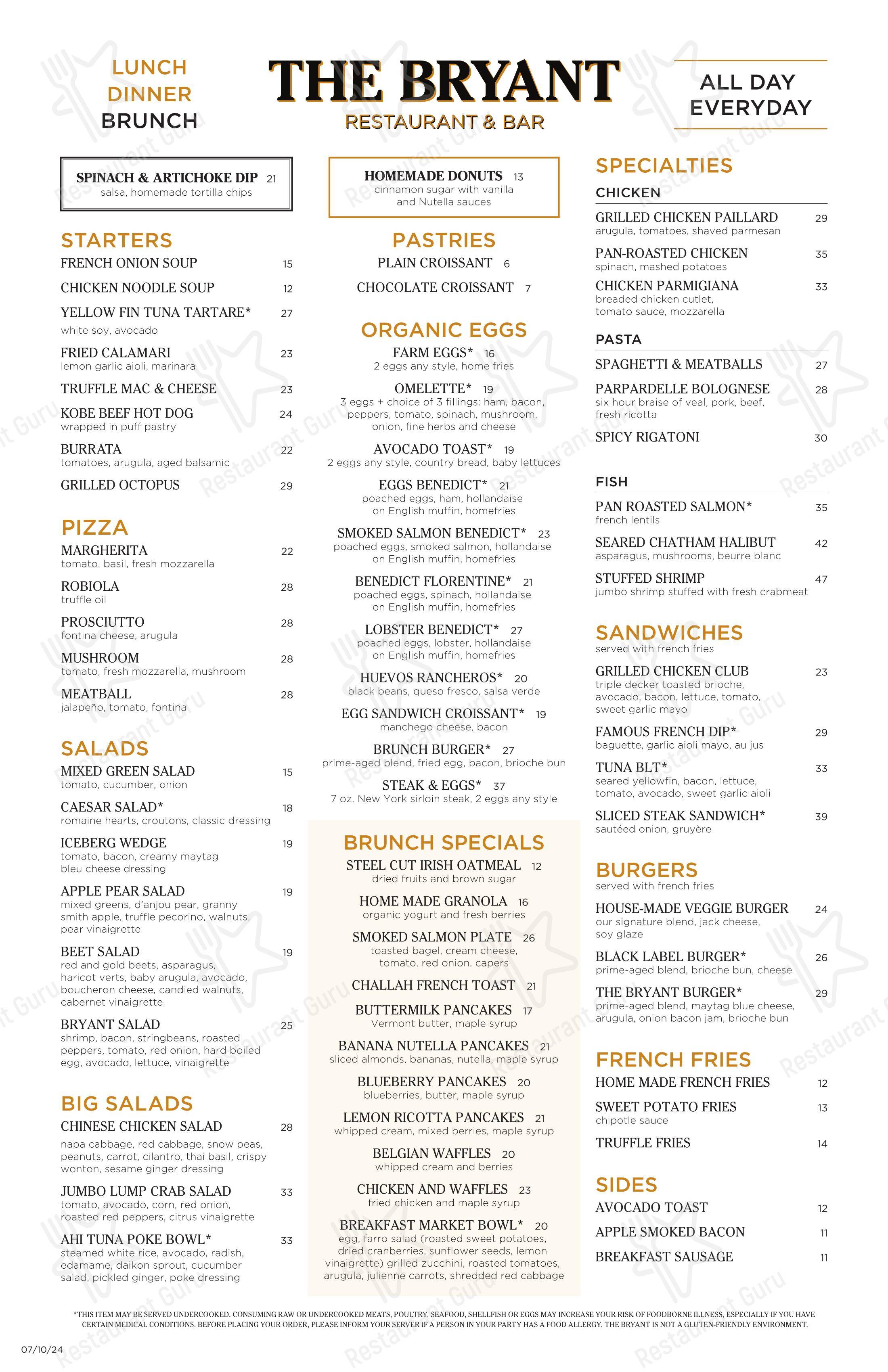 Menu at The Bryant restaurant, Huntington Station