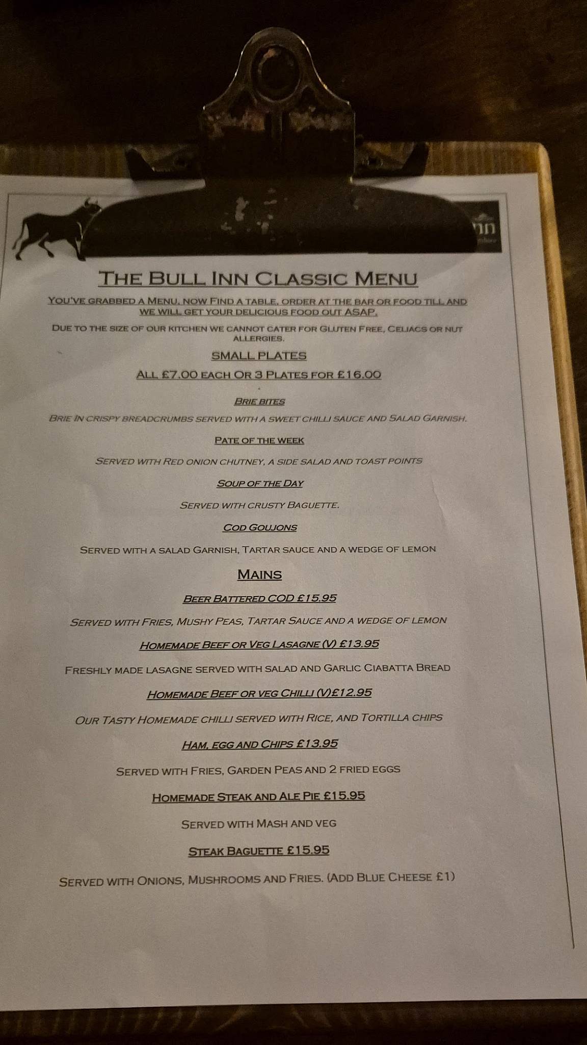 Menu at The Bull Inn pub & bar, Shrewsbury