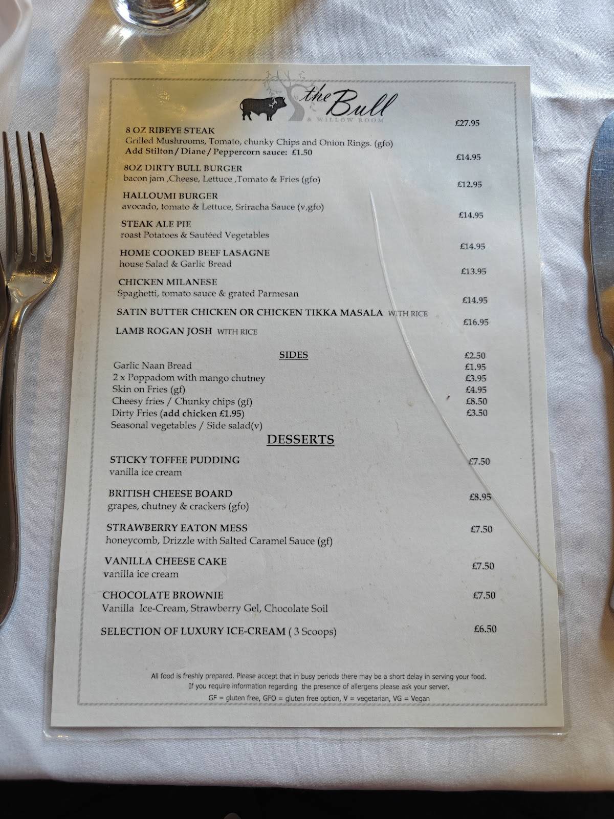 Menu at The Bull & Willow Room pub & bar, Great Totham