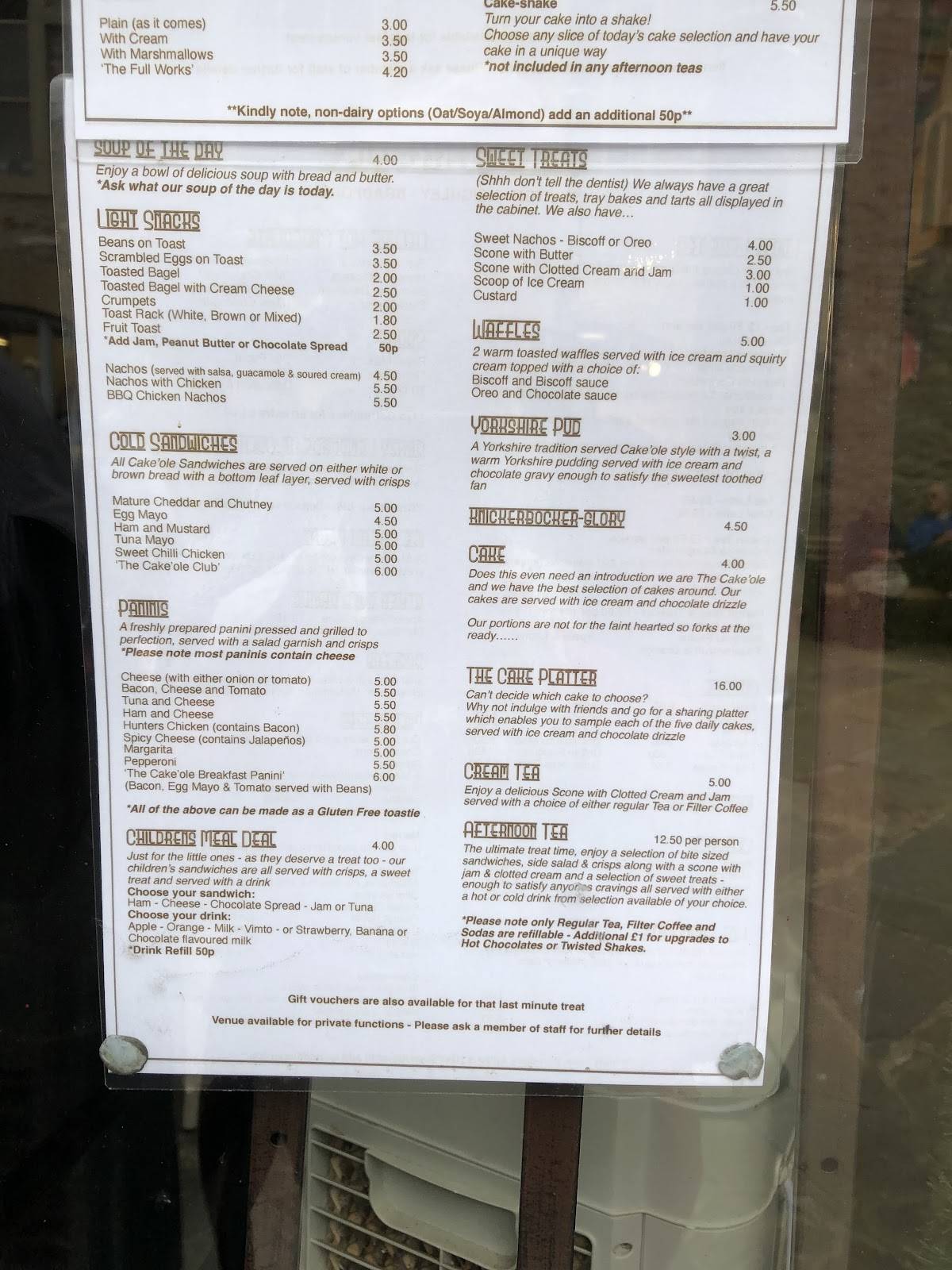 Menu at The Cake'Ole cafe, Skipton