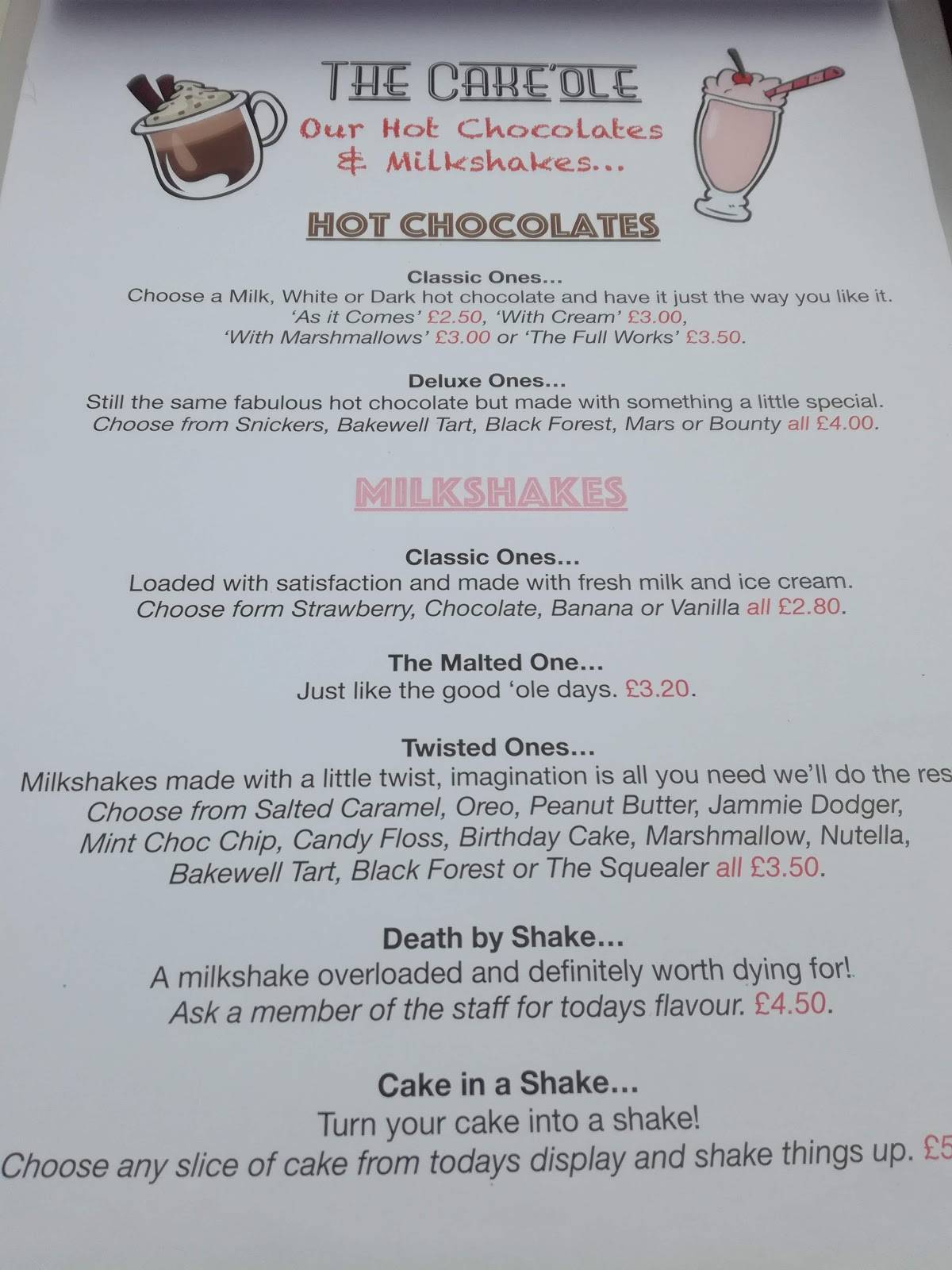 Menu at The Cake'Ole cafe, Skipton