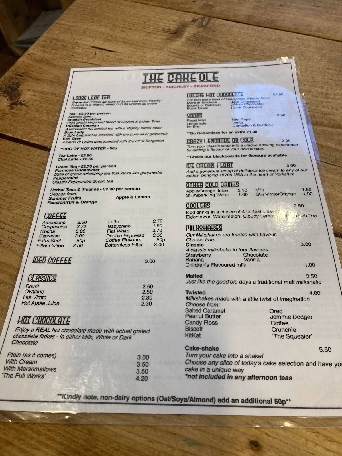Menu at The Cake'Ole cafe, Skipton