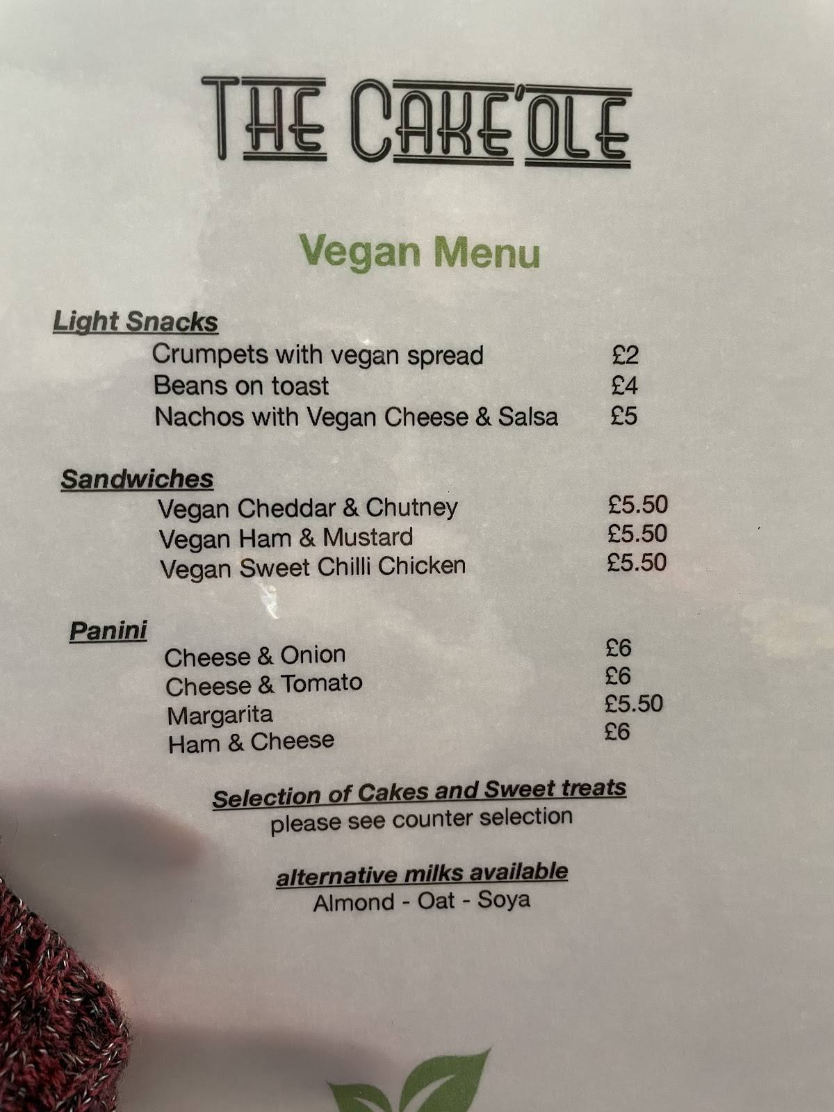 Menu at The Cake'Ole cafe, Skipton