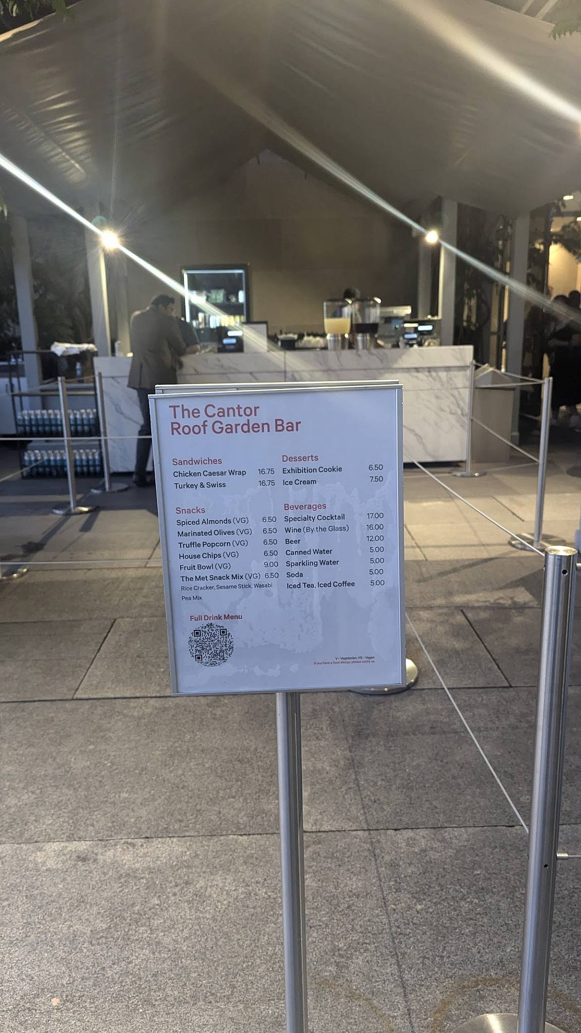 Menu at The Cantor Roof Garden Bar, New York City