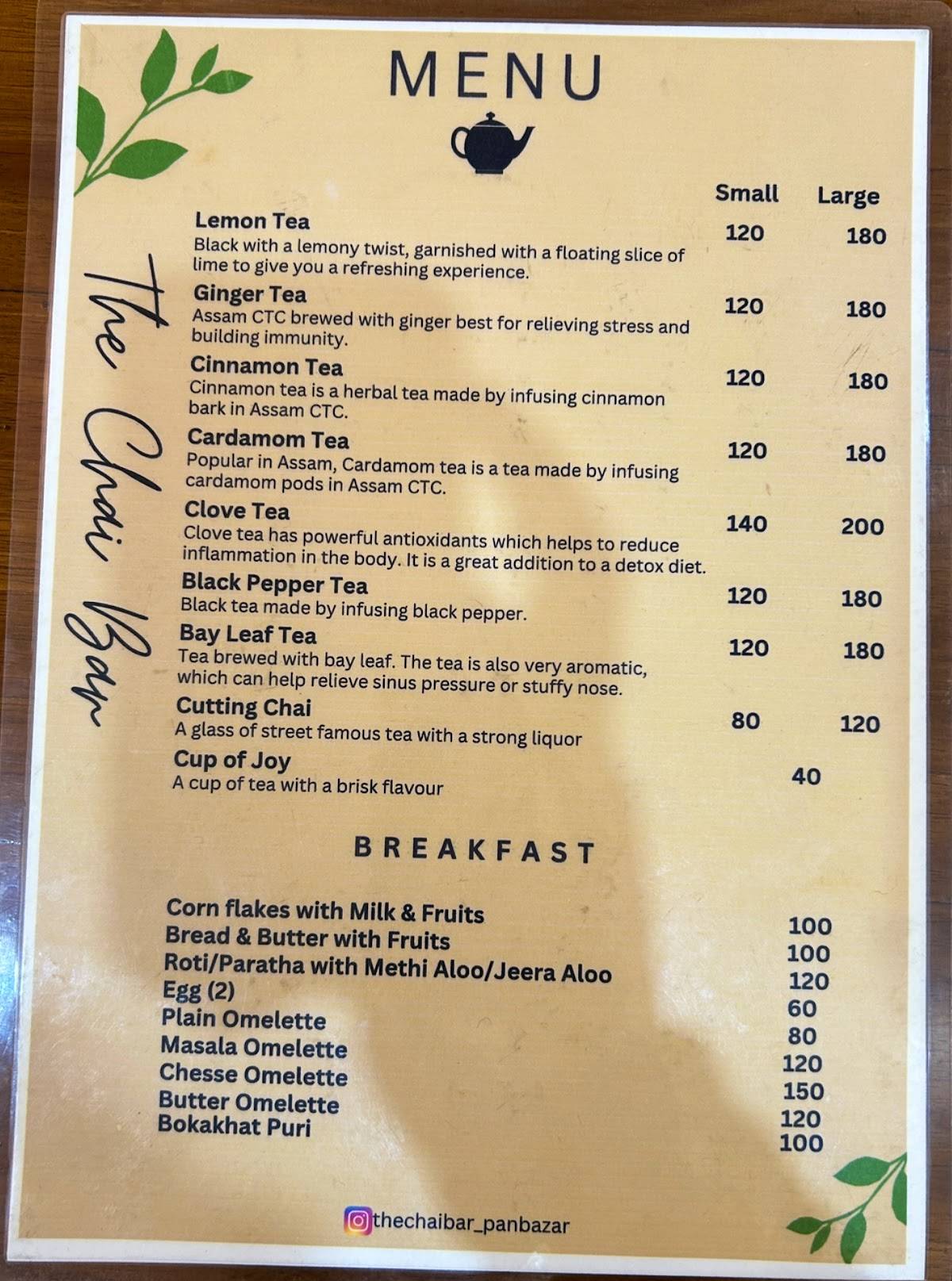 Menu at The Chai Bar, Guwahati