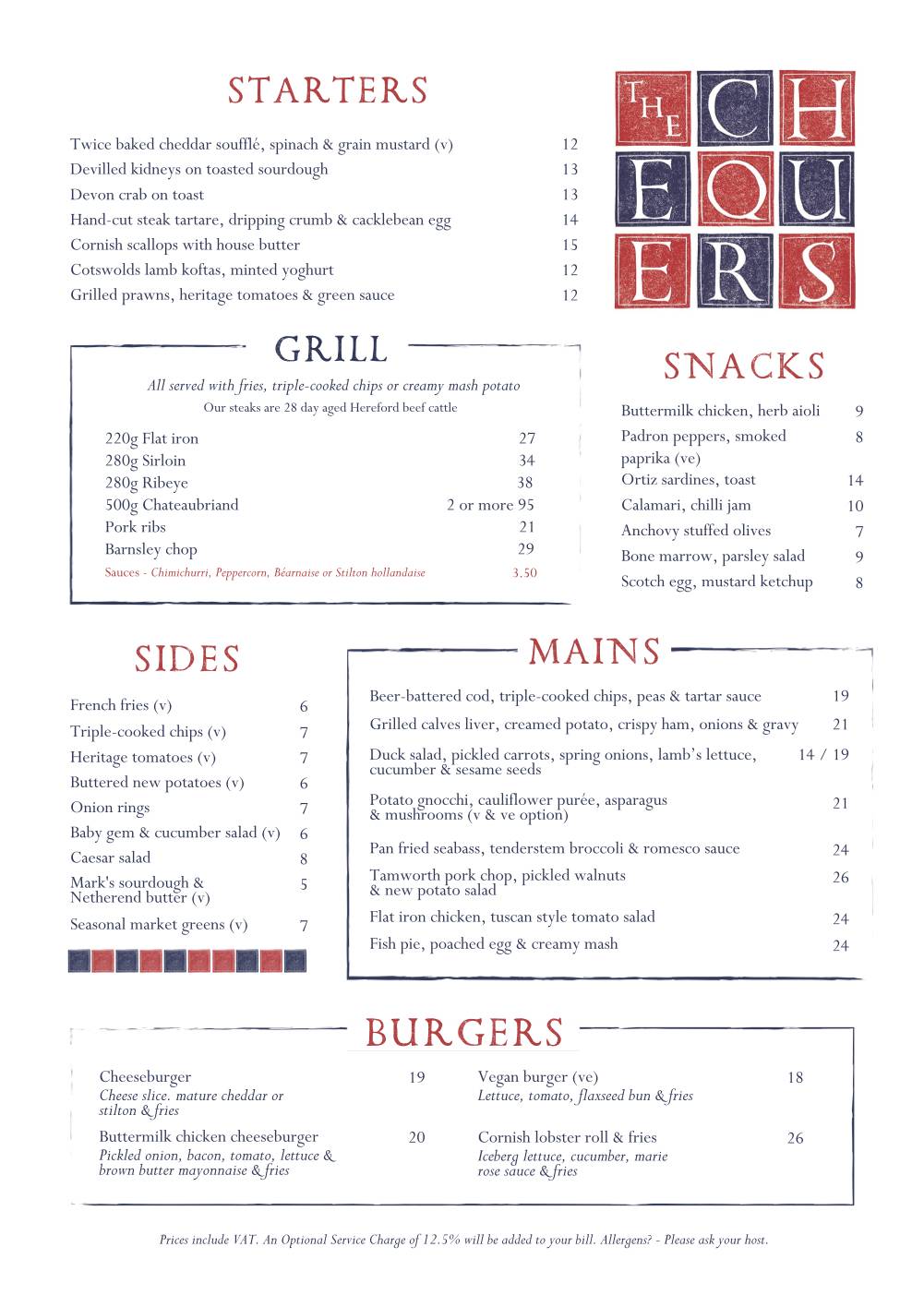 Menu at The Chequers, Cotswolds pub & bar, Chipping Norton