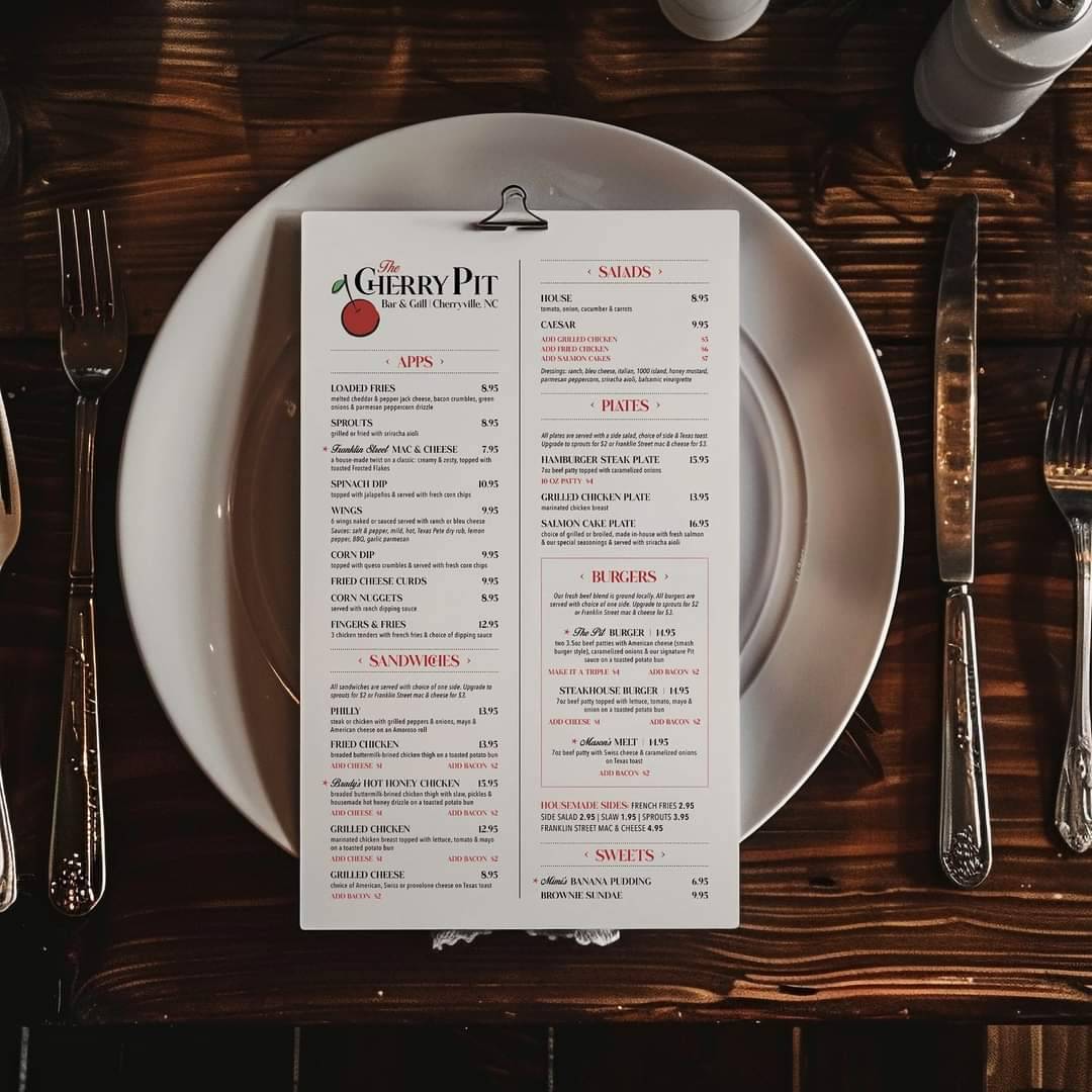 Menu at The Cherry Pit restaurant, Cherryville