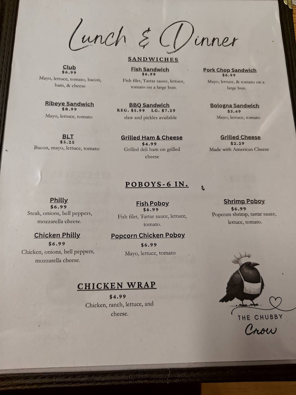 Menu at The Chubby Crow restaurant, Jones Chapel