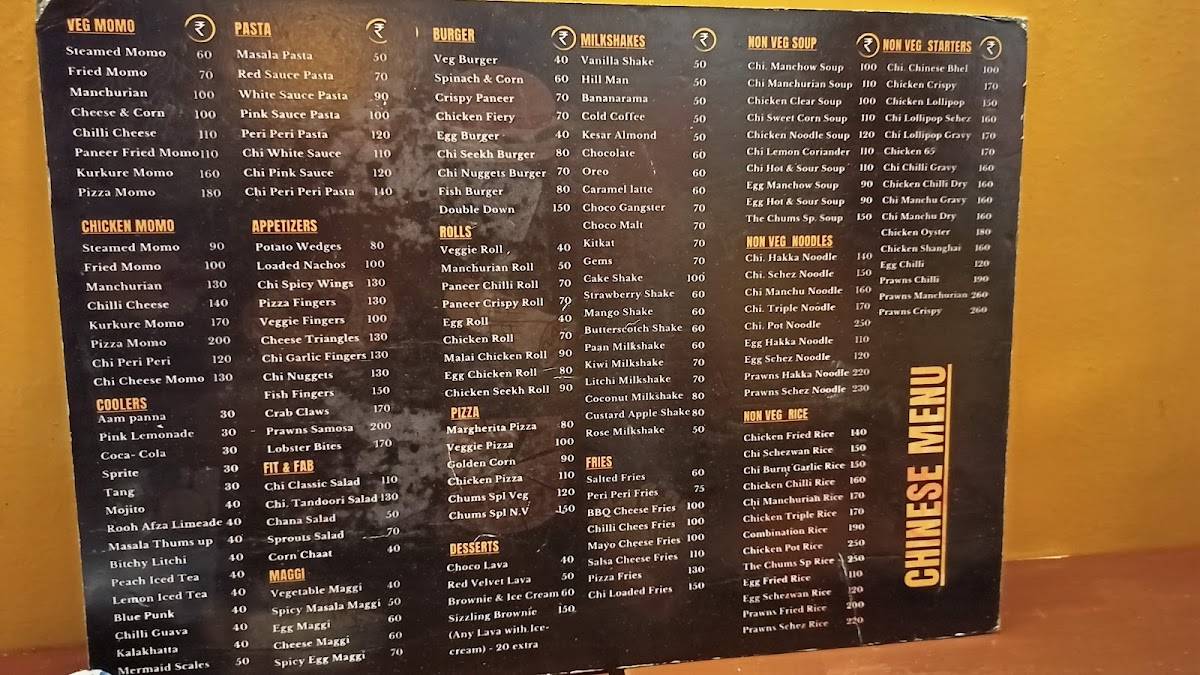 Menu at The Chums Cafe, Mumbai