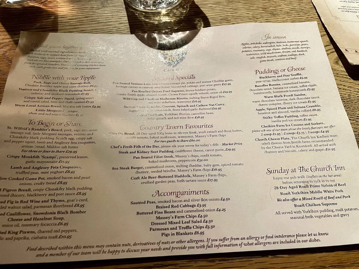 Menu at The Church Inn pub & bar, Knutsford