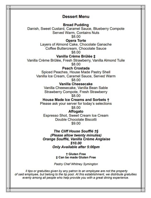 Menu at The Cliff House at Pikes Peak restaurant, Manitou Springs