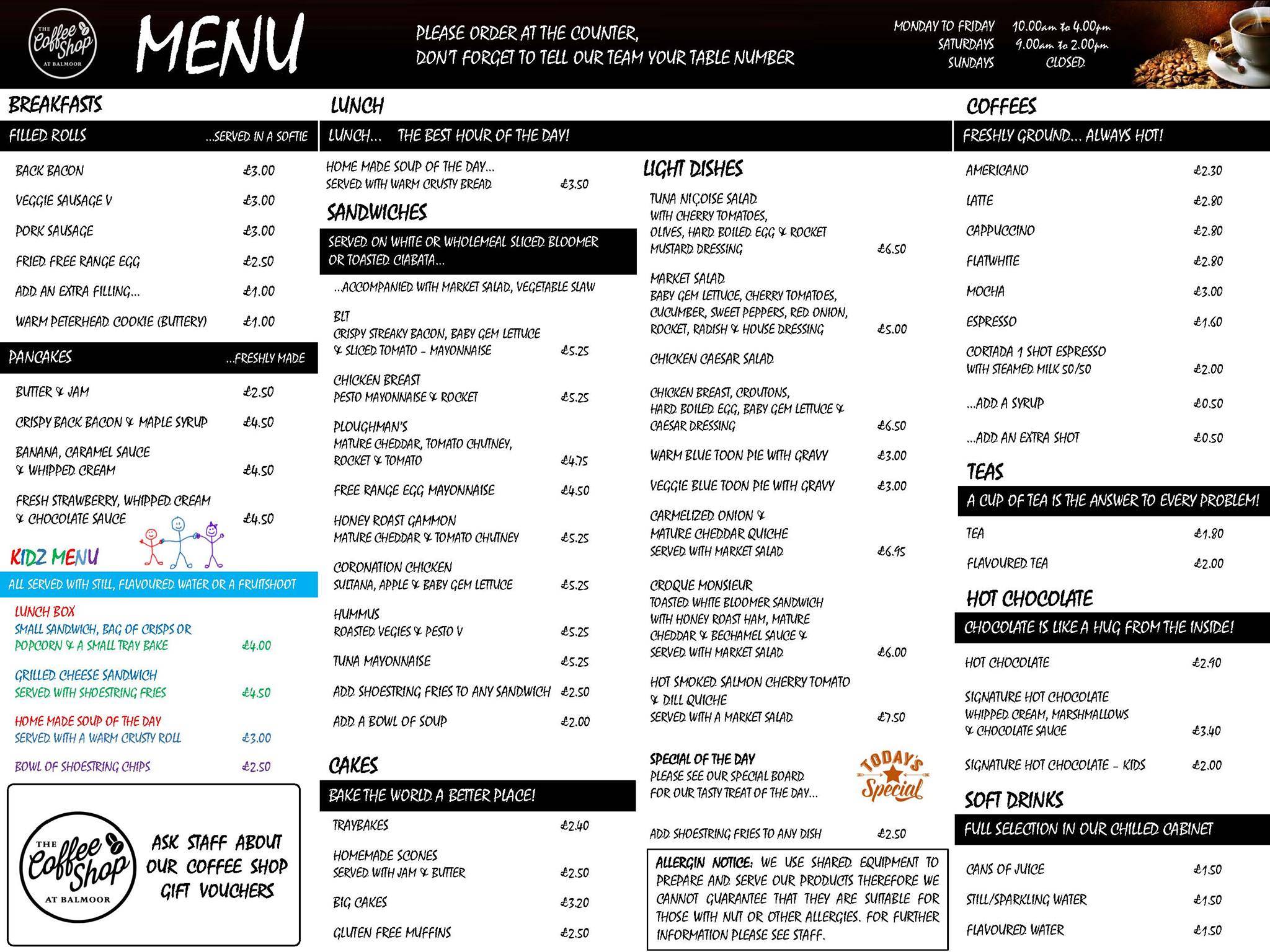 Menu at The Coffee Shop @ Balmoor, Peterhead