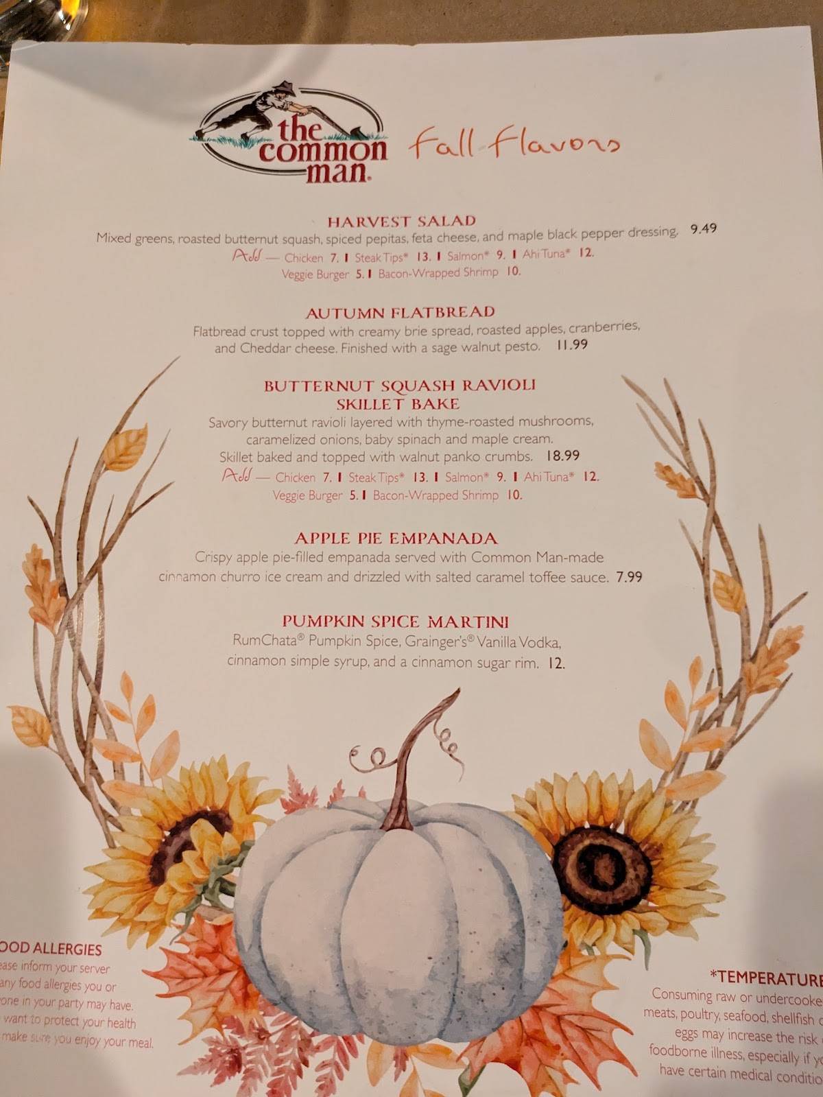 Menu at The Common Man Concord restaurant, Concord