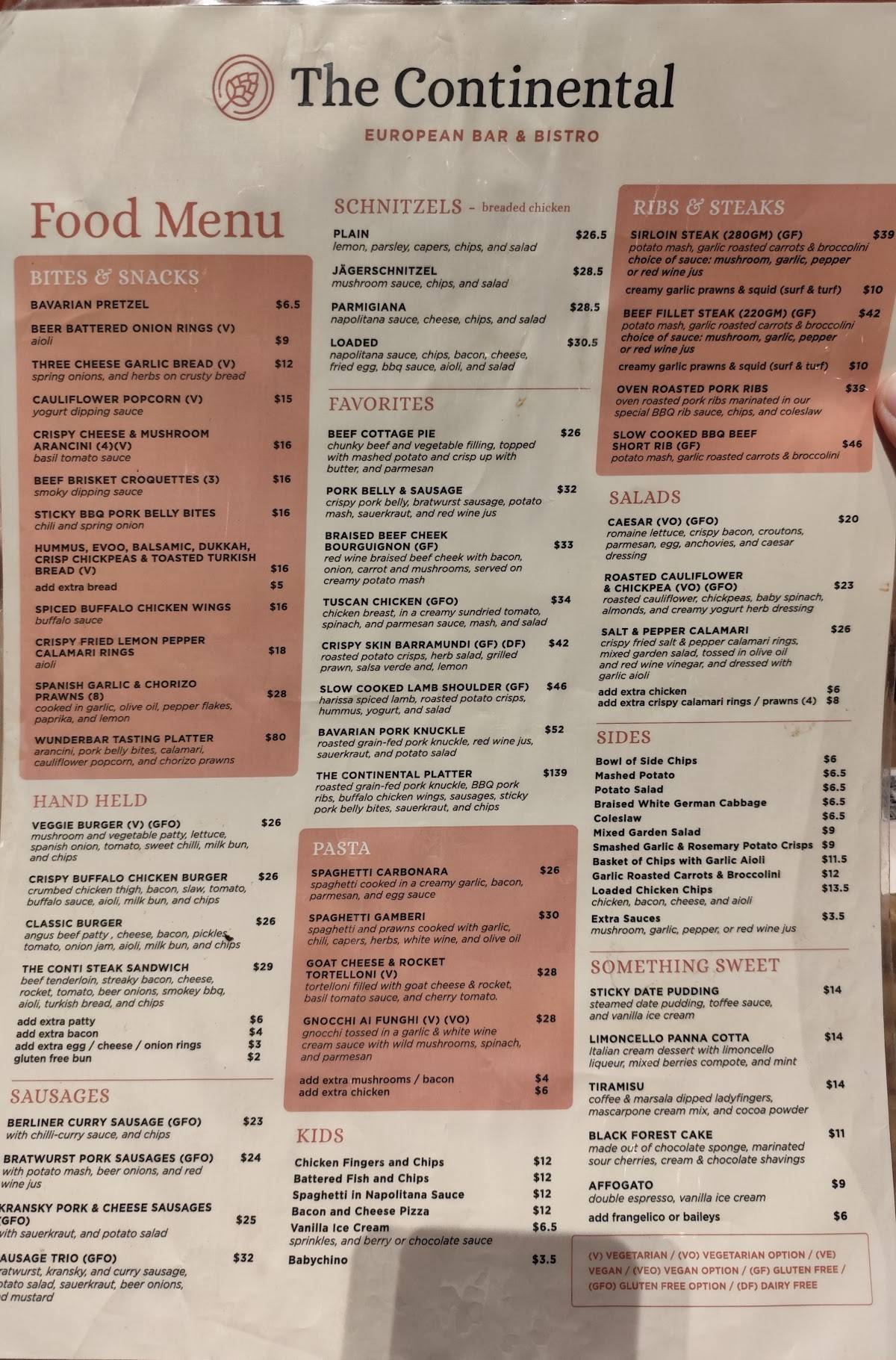 Menu at The Continental European Bar & Bistro, Baldivis